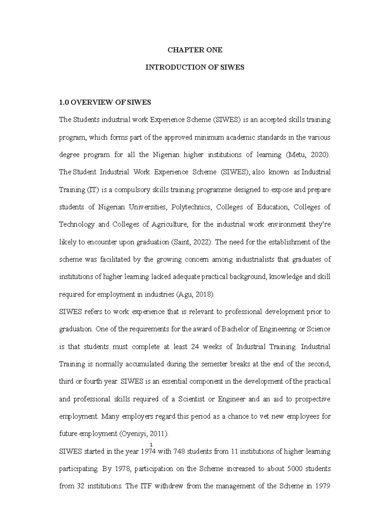 Siwes Report - 1 CHAPTER ONE INTRODUCTION OF SIWES 1 OVERVIEW OF SIWES ...