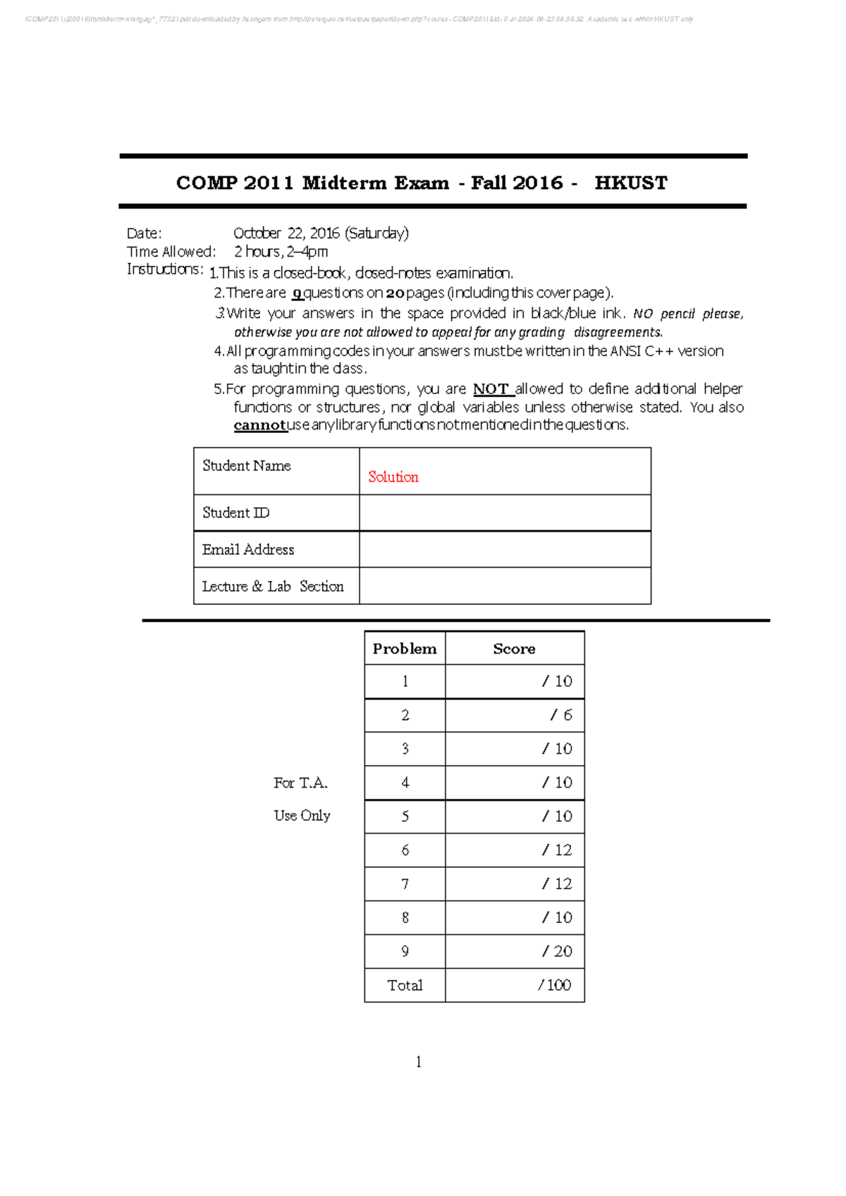COMP 2011 Midterm (2016 Spring) - COMP 2011 Midterm Exam - Fall 2016 - HKUST Date: October 22 ...