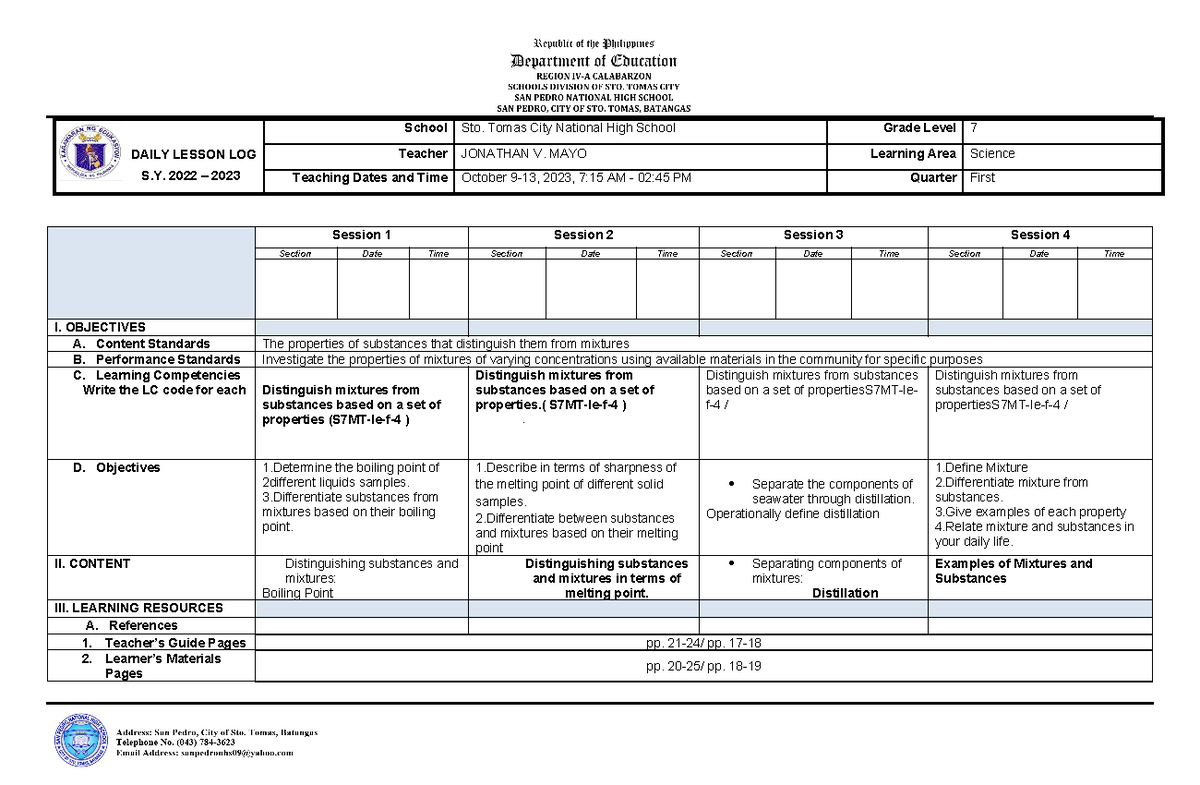 DLP - Q1 Science 7 Week 6 - dlp - DAILY LESSON LOG S. 2022 – 2023 ...