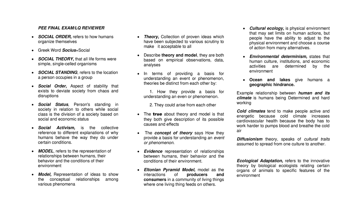 Reviewer - PEE FINAL EXAM/LQ REVIEWER SOCIAL ORDER, refers to how humans organize themselves ...