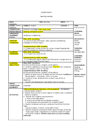 9 November - LESSON PLAN - DAILY LESSON PLAN FORM 1 ENGLISH WEEK/LESSON ...