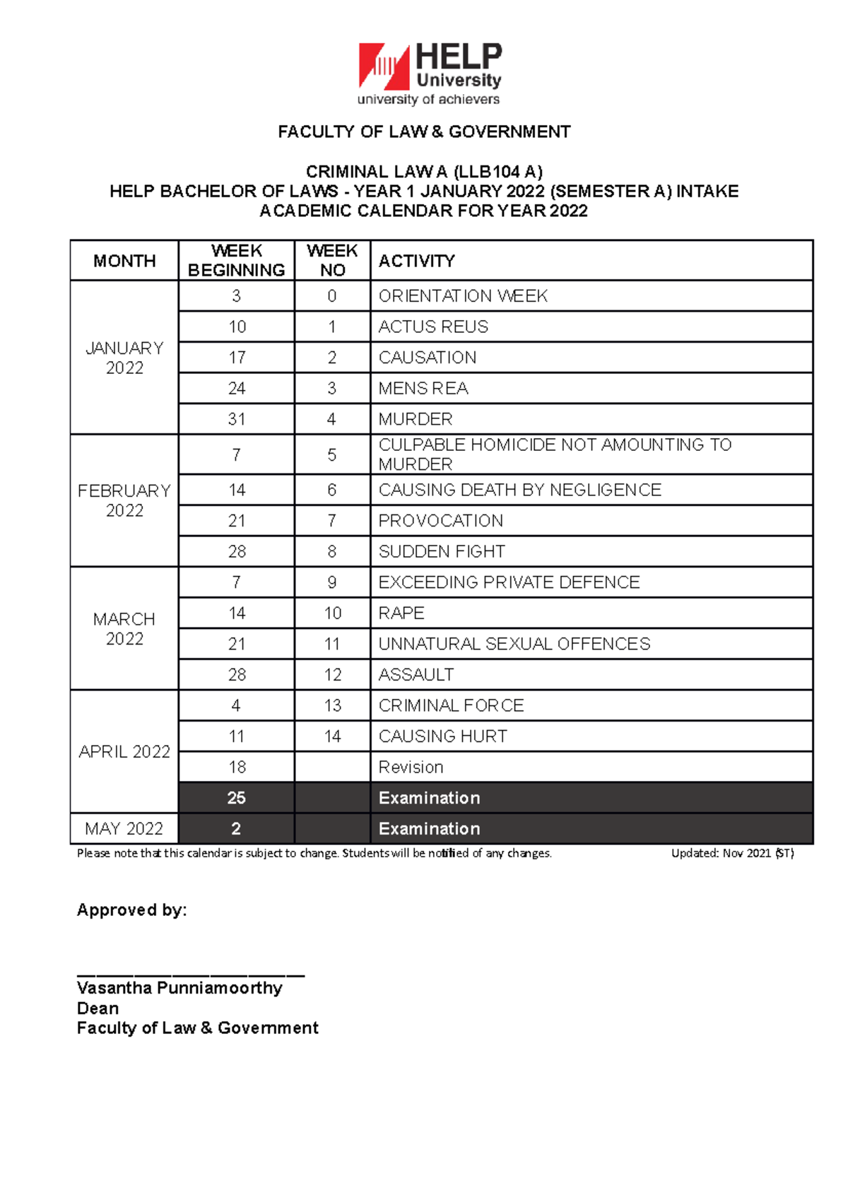 (JAN 22) Subject Academic Calendar - LLB104 A - FACULTY OF LAW ...