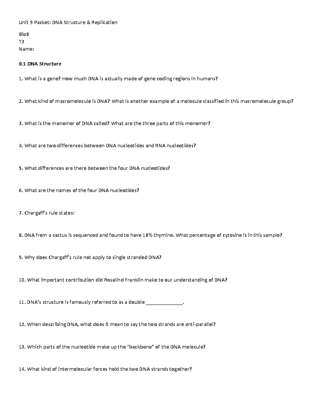 Unit 9 Packet - bio ws - Unit 9 Packet: DNA Structure & Replication ...