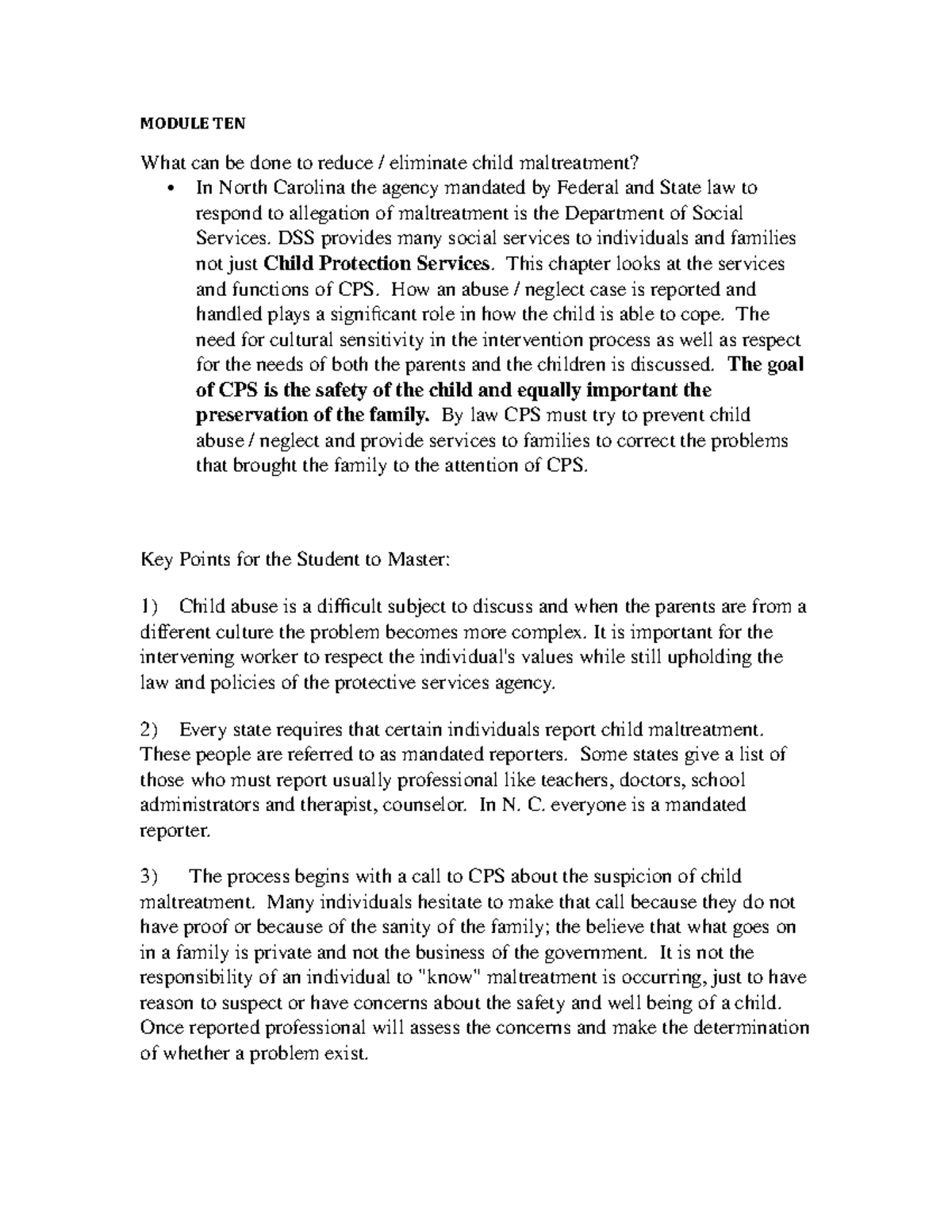 Child abuse notes - MODULE TEN What can be done to reduce / eliminate ...