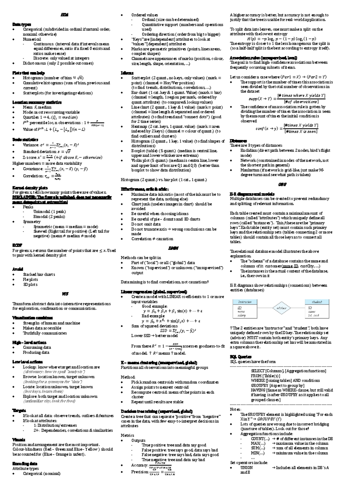 2IAB0 - Summary sheet for exam - EDA Data types Categorical (subdivided in ordinal if natural ...