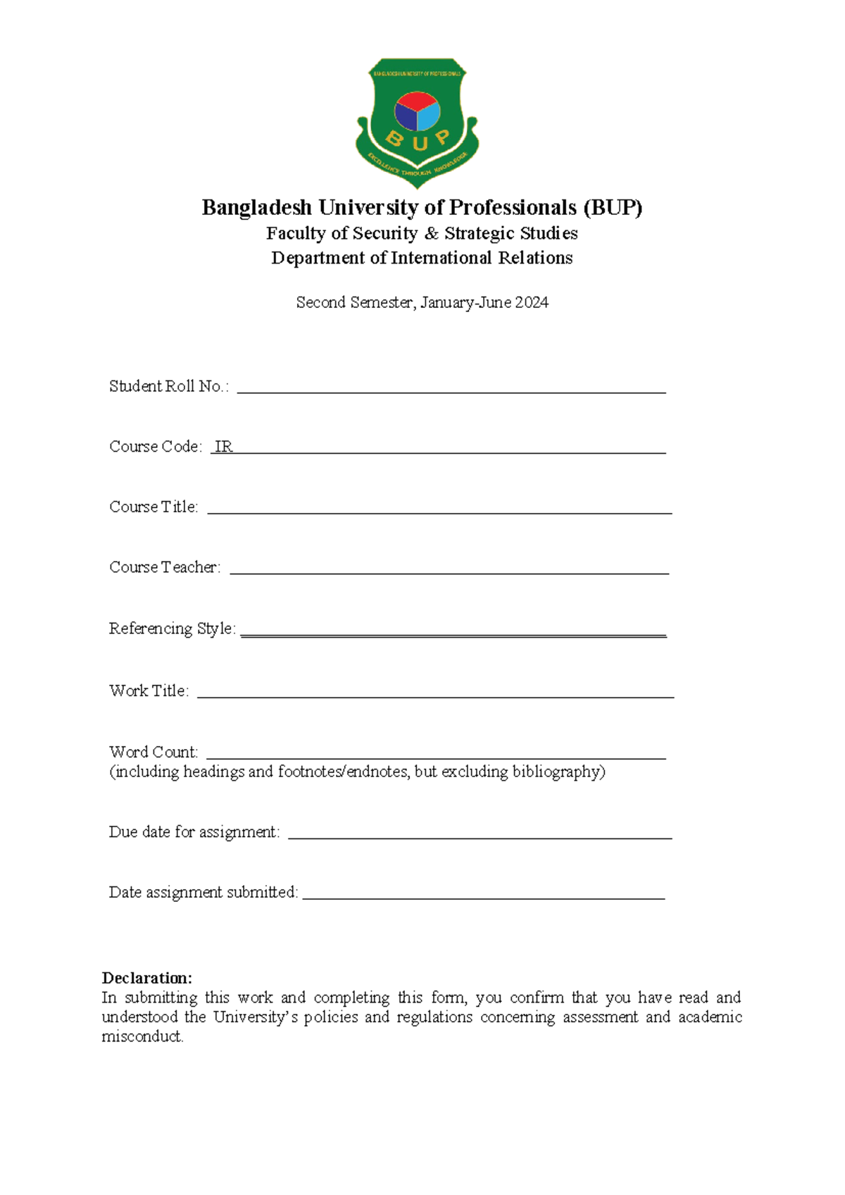 Cover Sheet - Bangladesh University of Professionals (BUP) Faculty of ...