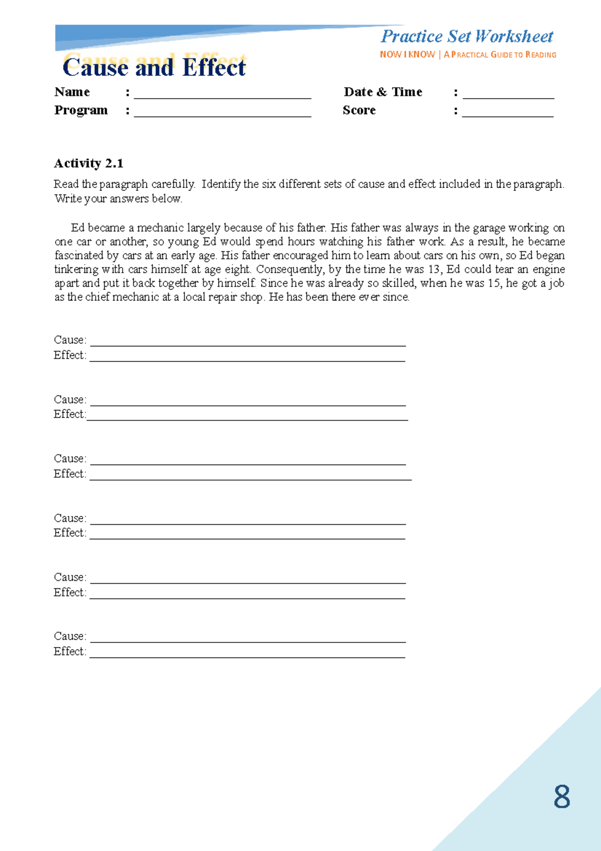 Practice Set Cause and Effect Rev 1 - Cause and Effect NOW I KNOW | A ...