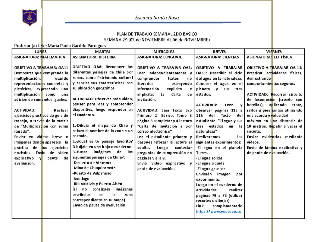 Plantilla DE Planificacion Semanal 1 Ciclo, Semana 29 2DO AÑO Basico ...