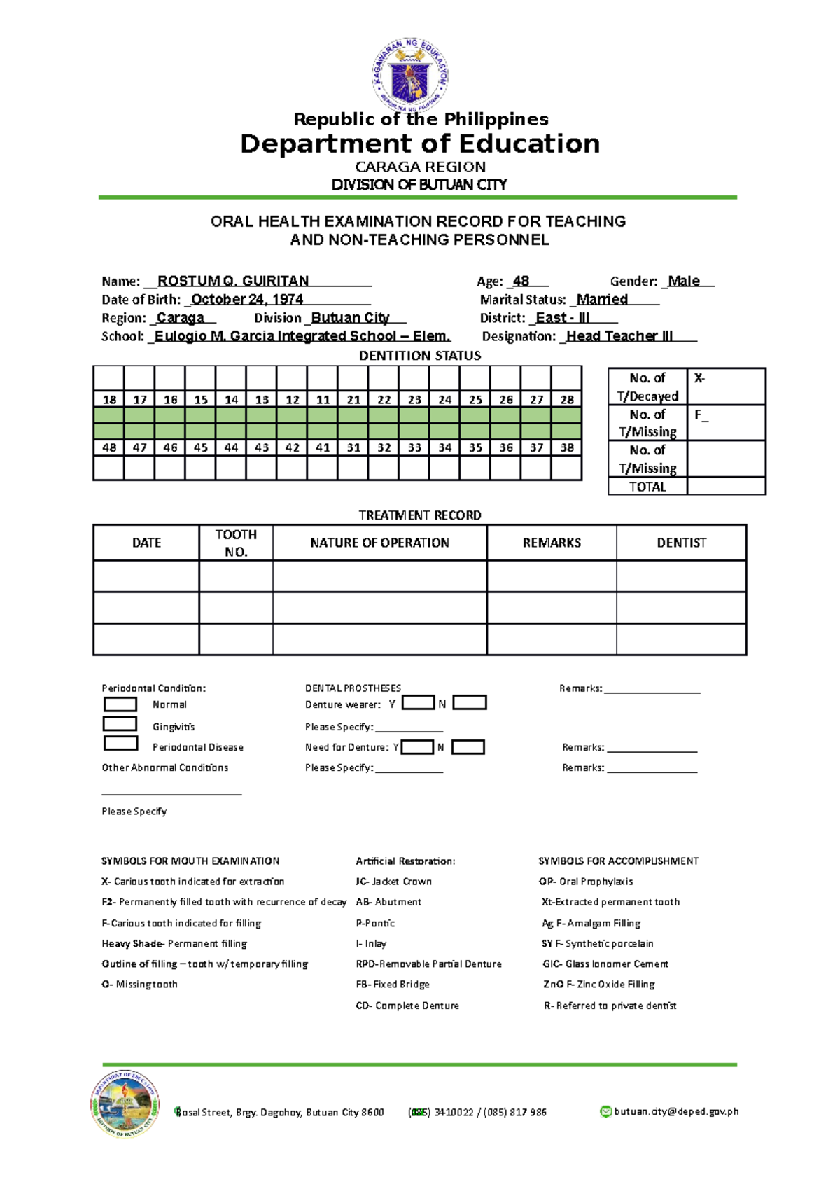 Oral Health Exam Record Template 1 - Republic of the Philippines ...