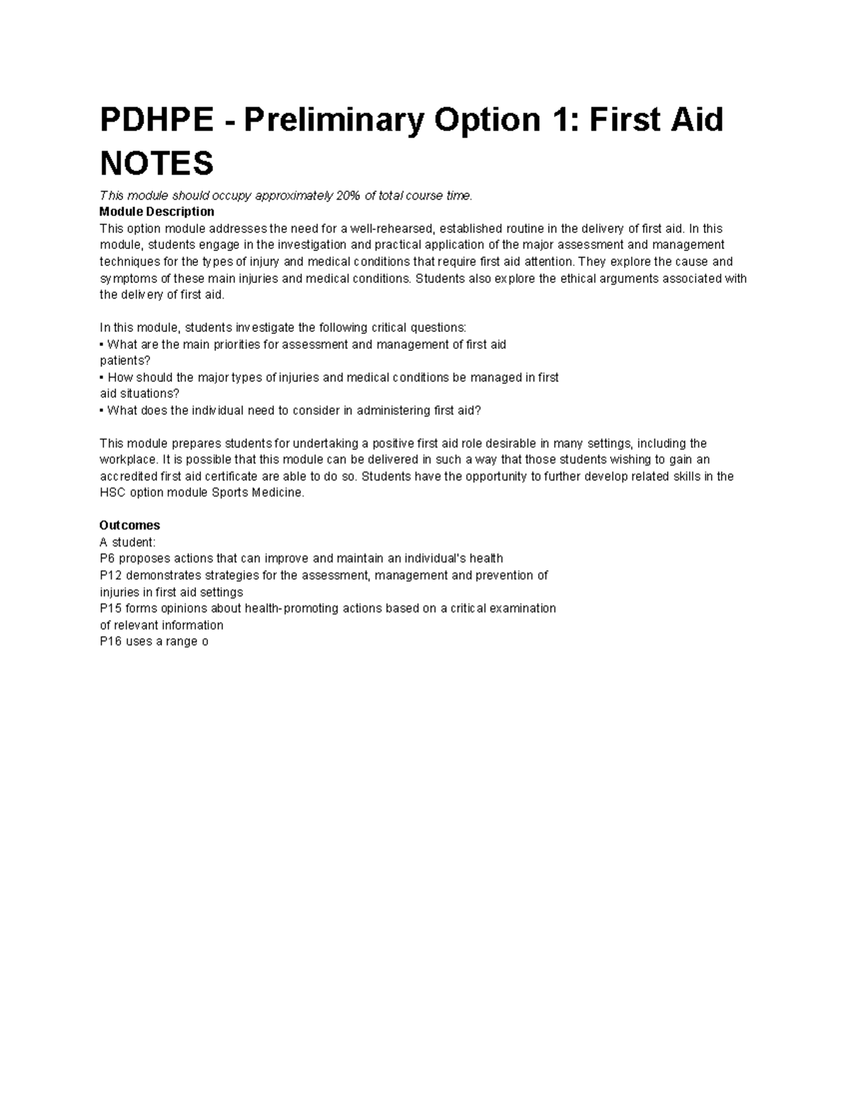First AID Notes - PDHPE - Preliminary Option 1: First Aid NOTES This ...
