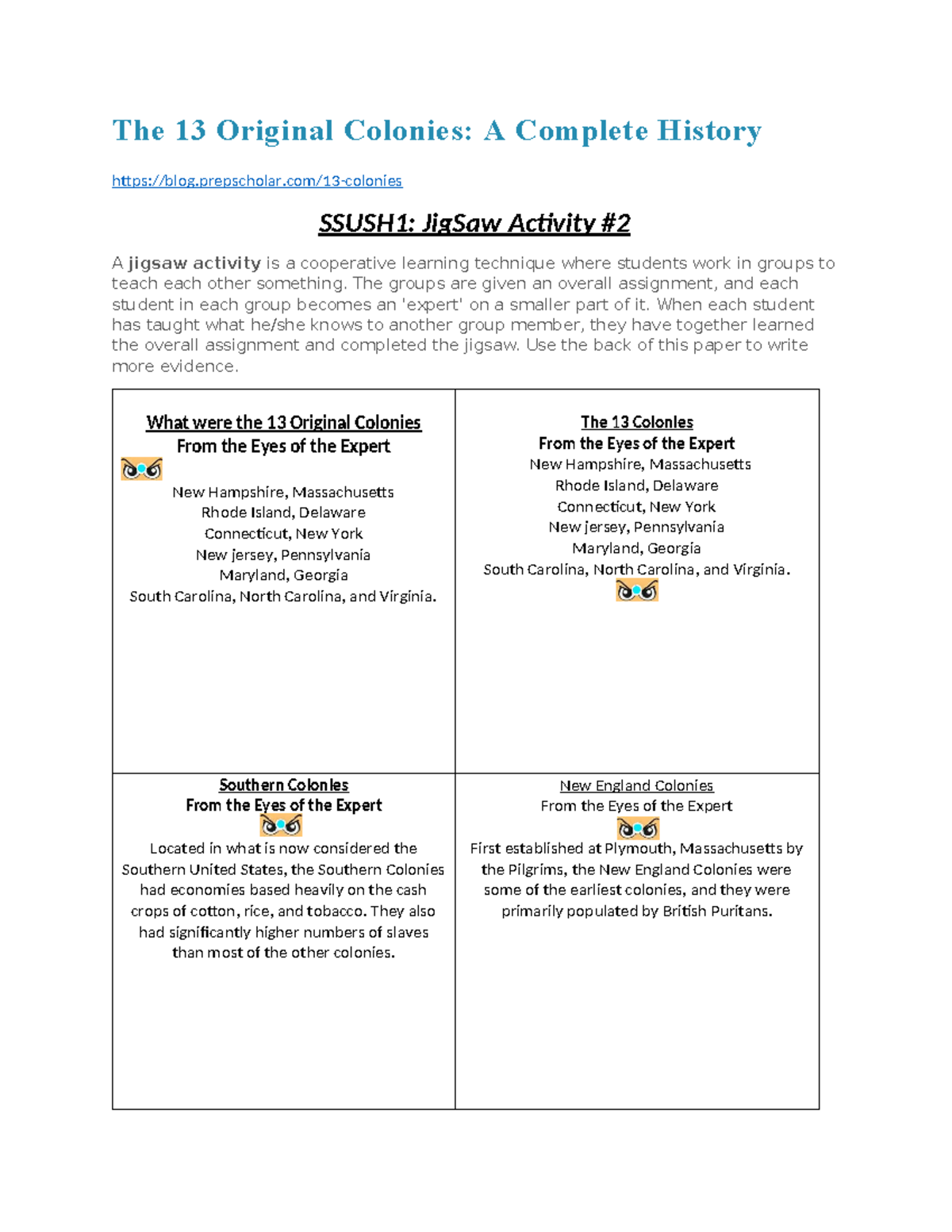 Ssush 1 Jigsaw Activity Week 2 kbbb - The 13 Original Colonies: A ...