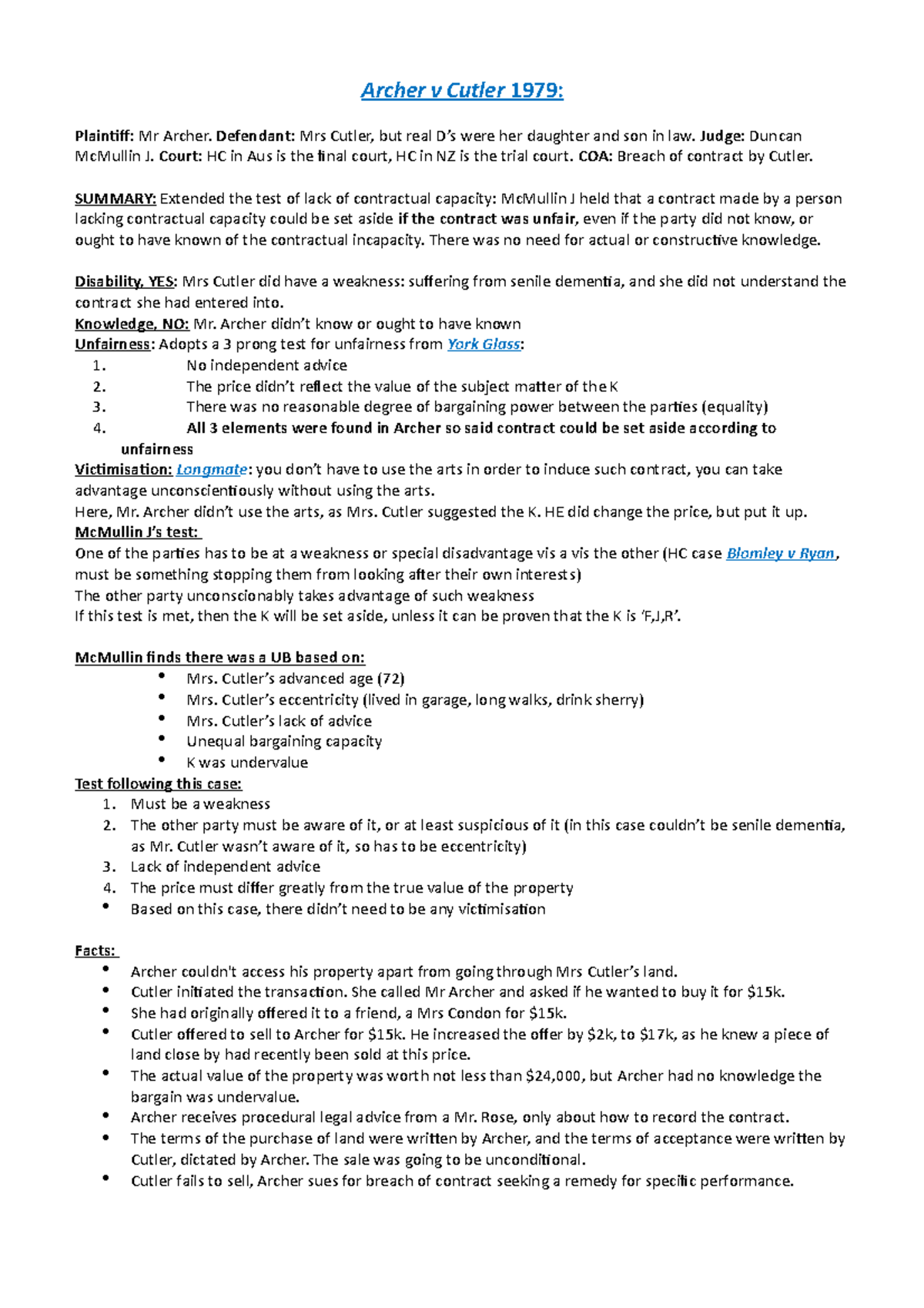 Archer v Cutler - Defendant: Mrs Cutler, but real D’s were her daughter ...