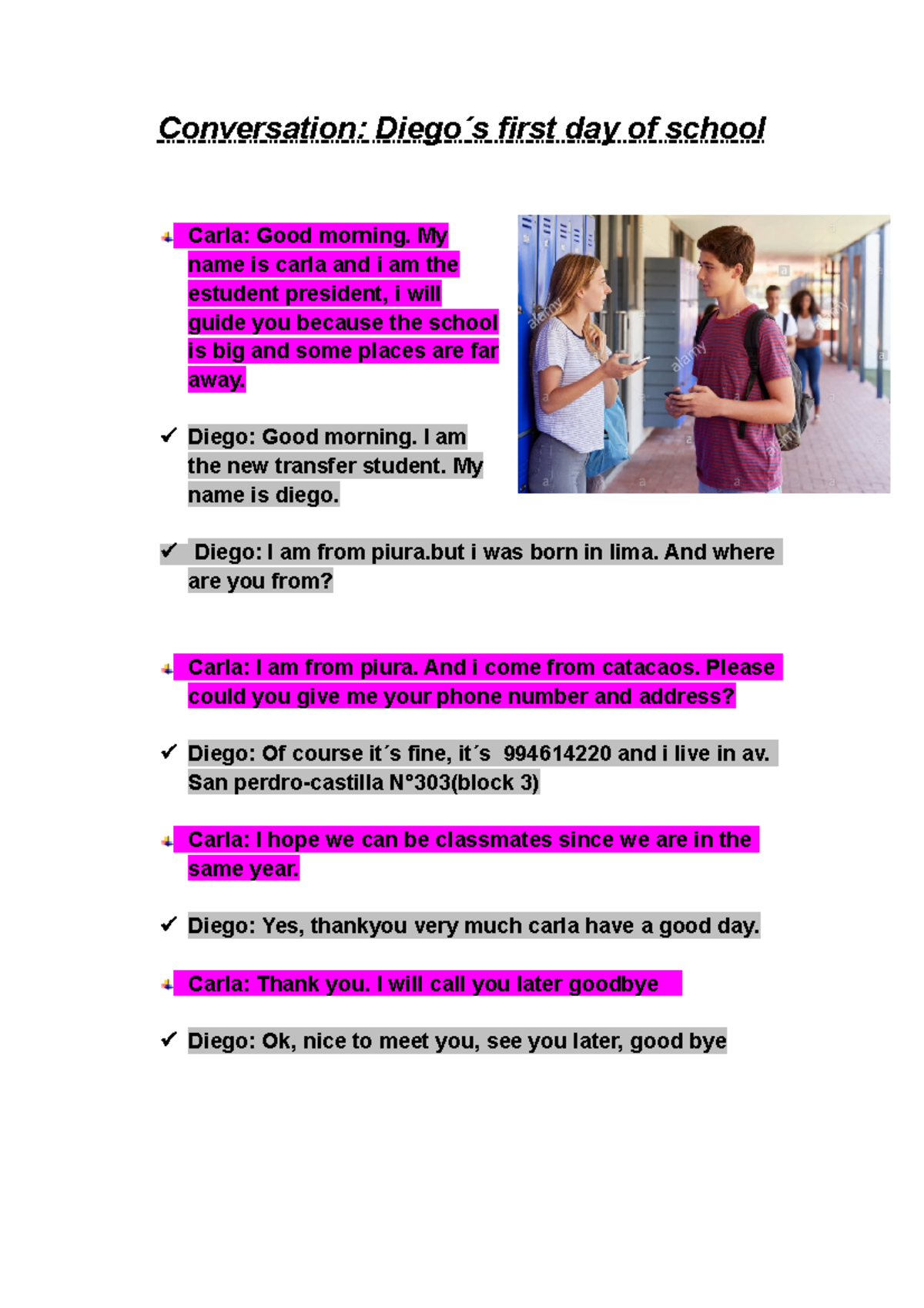 Conversation - tarea - Conversation: Diego ́s first day of school Carla ...