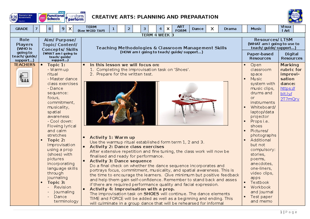 Lesson Plan Gr. 9 Creative Arts Dance T4 W3 - CREATIVE ARTS: PLANNING ...