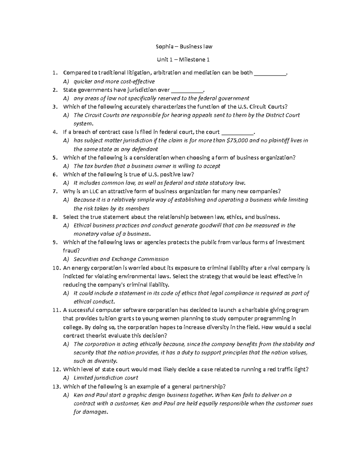 Sophia Business Law I Unit 1 Milestone 1 - BUS 311 - UAGC - Studocu