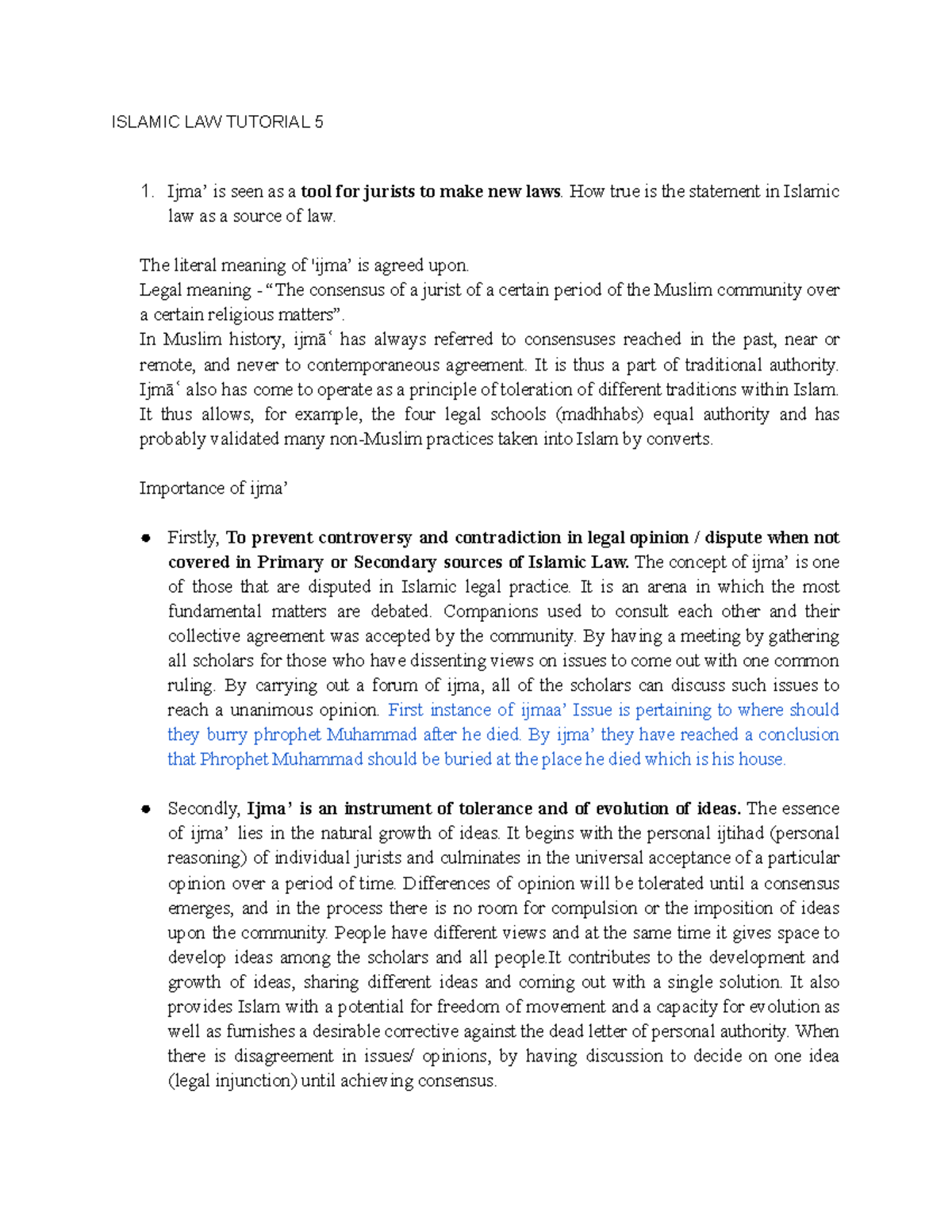 Islamic LAW Tutorial 5 Ijma’ is seen as a tool for jurists to make new ...