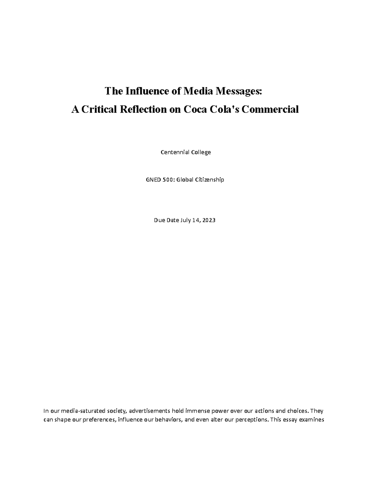 Reflective Assignment 2 - The Influence of Media Messages: A Critical ...
