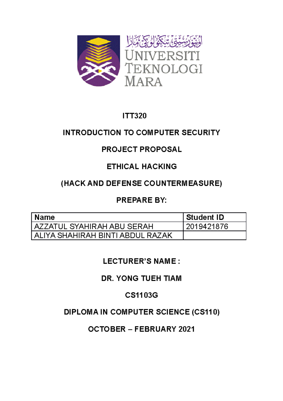 ITT320 Proposal - ITT INTRODUCTION TO COMPUTER SECURITY PROJECT PROPOSAL ETHICAL HACKING (HACK ...