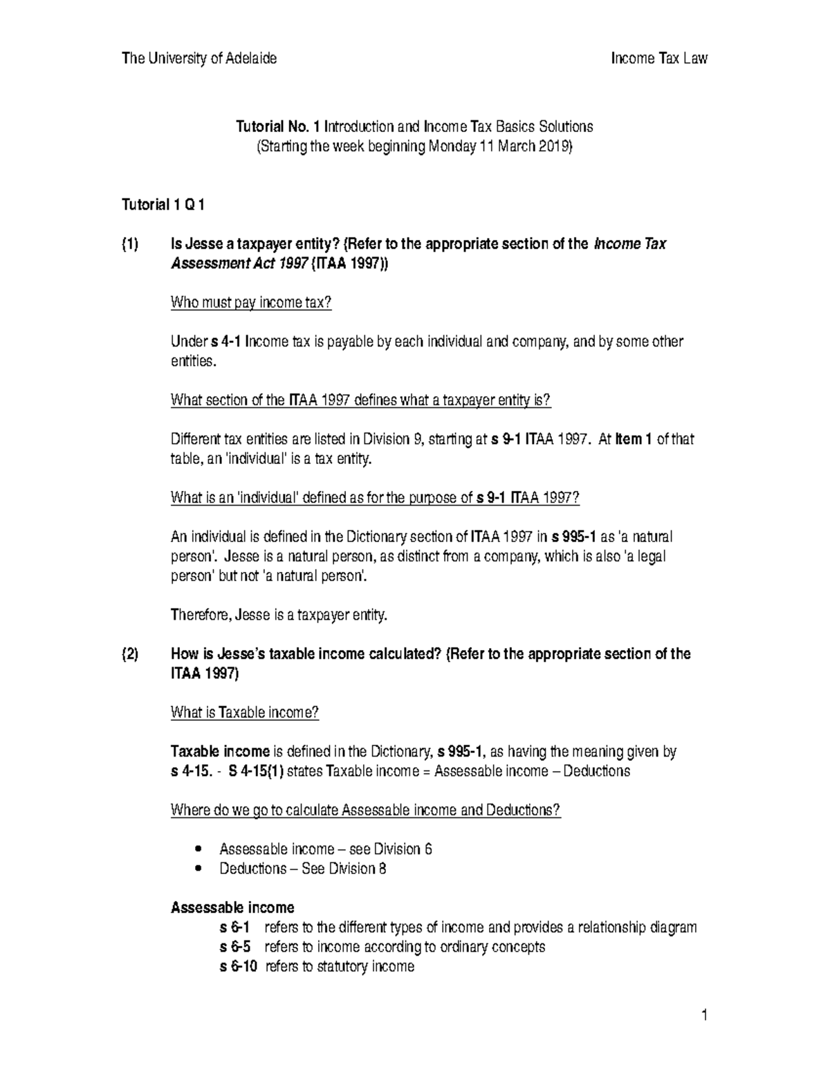 Tutorial No 1 Introduction and Income Tax Basics - Solutions - MB ...