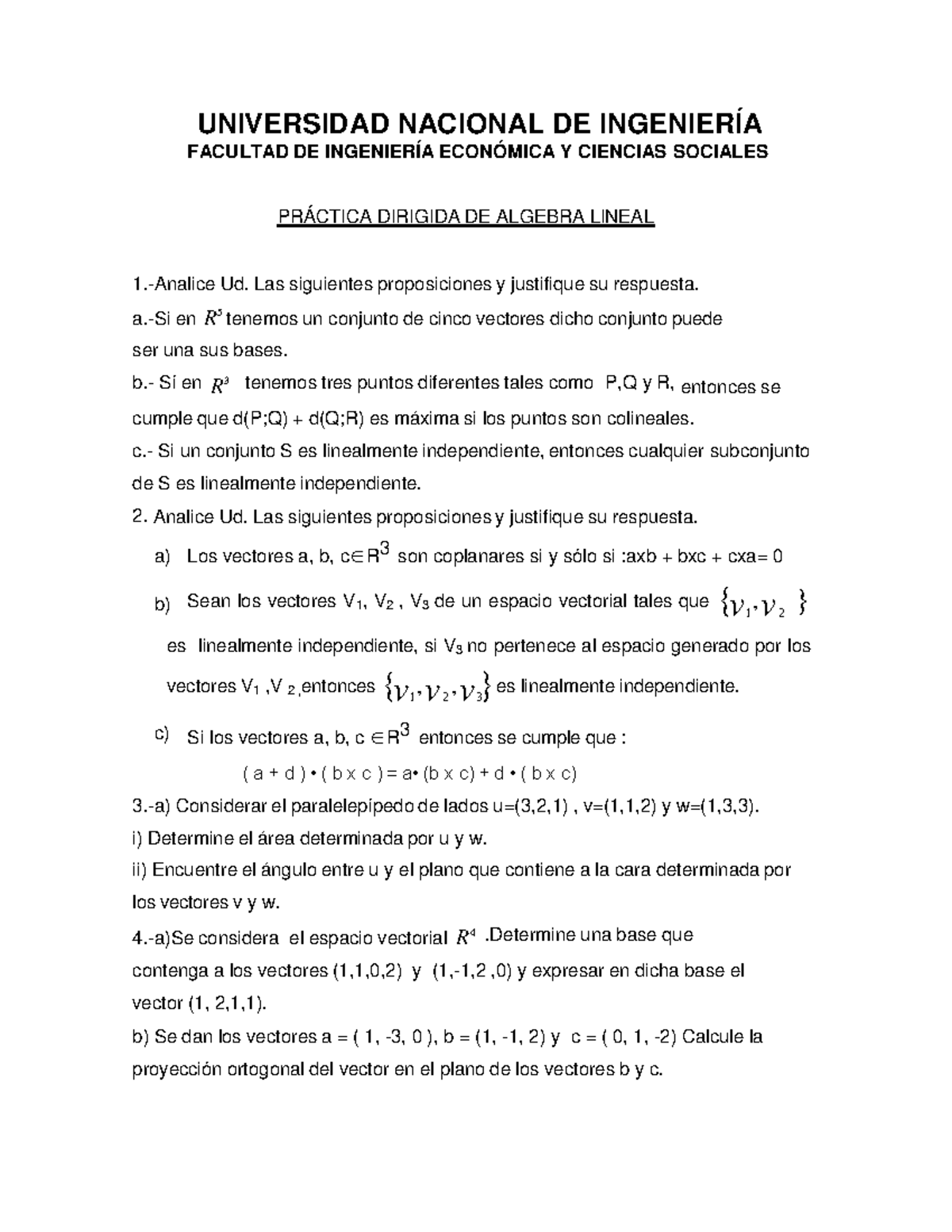Practica dirigida de algebra lineal - UNIVERSIDAD NACIONAL DE INGENIERÍA FACULTAD DE INGENIERÍA ...