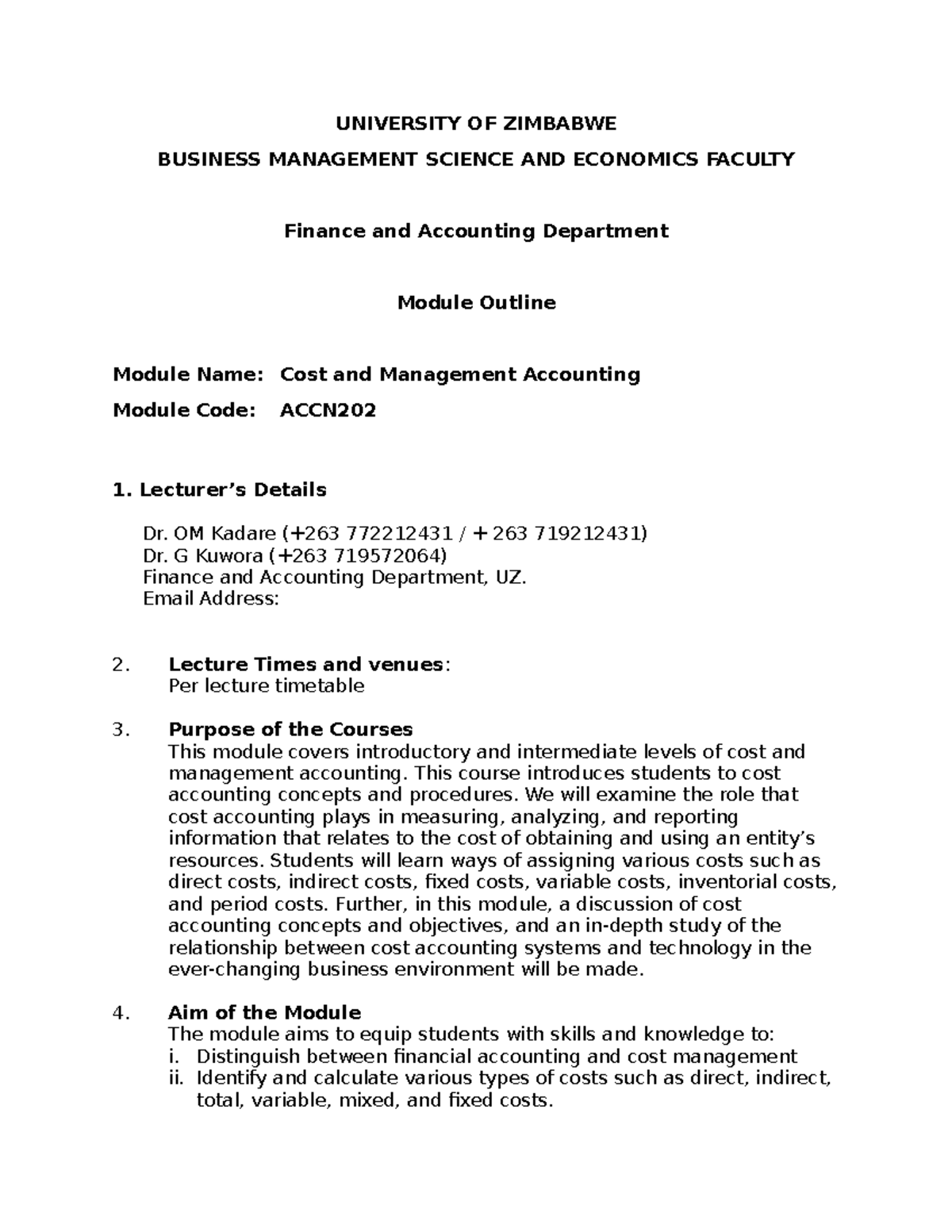 Cost and Management Accounting Module outline ACCN202 - UNIVERSITY OF ...
