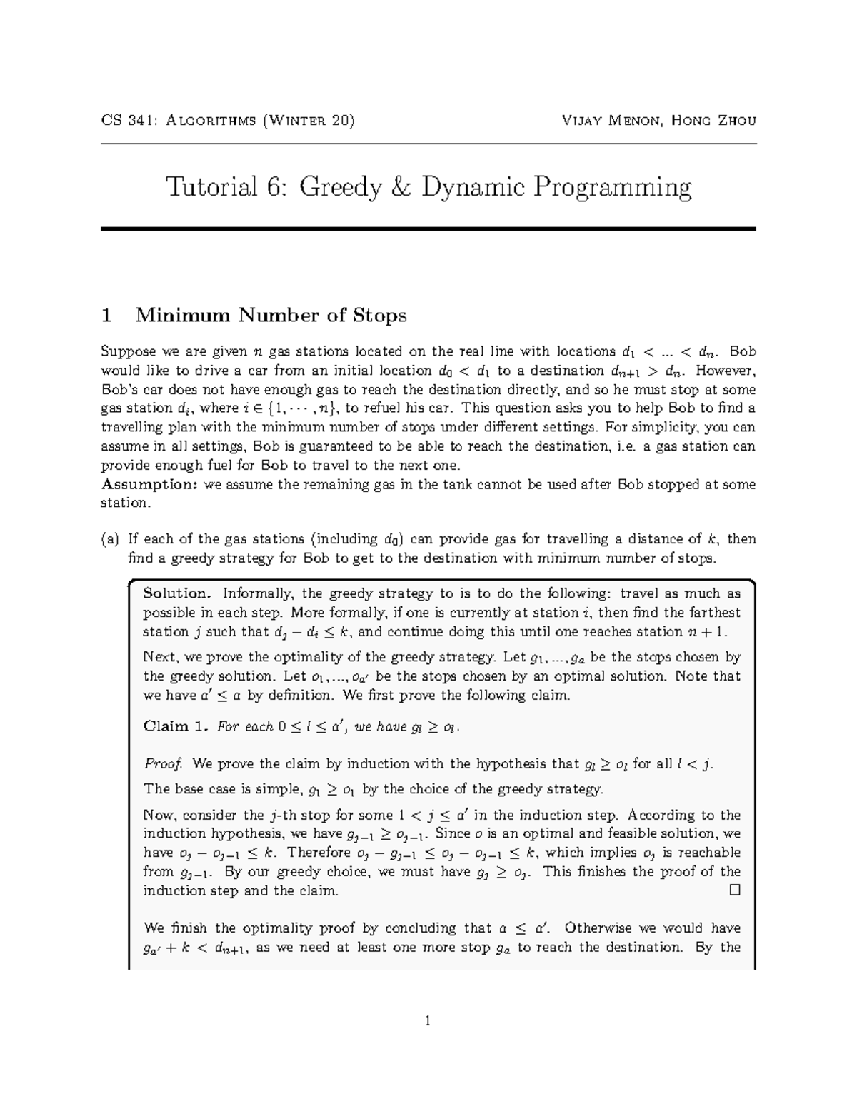 Tutorial 6 soln - abc - CS 341: Algorithms (Winter 20) Vijay Menon, Hong Zhou Tutorial 6: Greedy ...