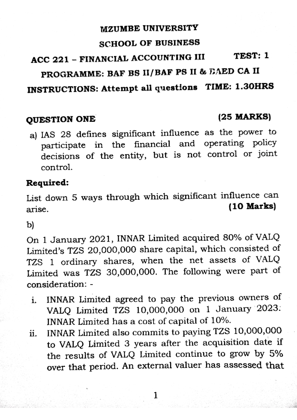 Financial test one1 - Help me with solutions - MZUMBE UNIVERSITY SCHOOL ...
