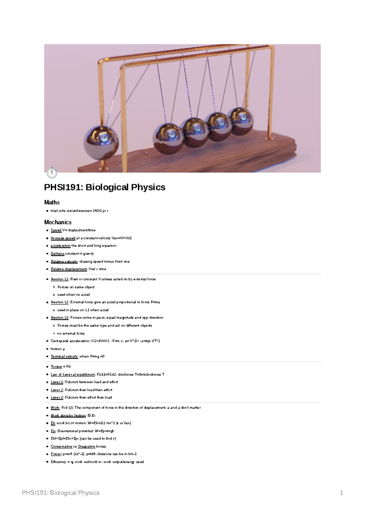 PHSI191 Biological Physics - of cycles per second || f=1/T Energy conservation: Total E and ...