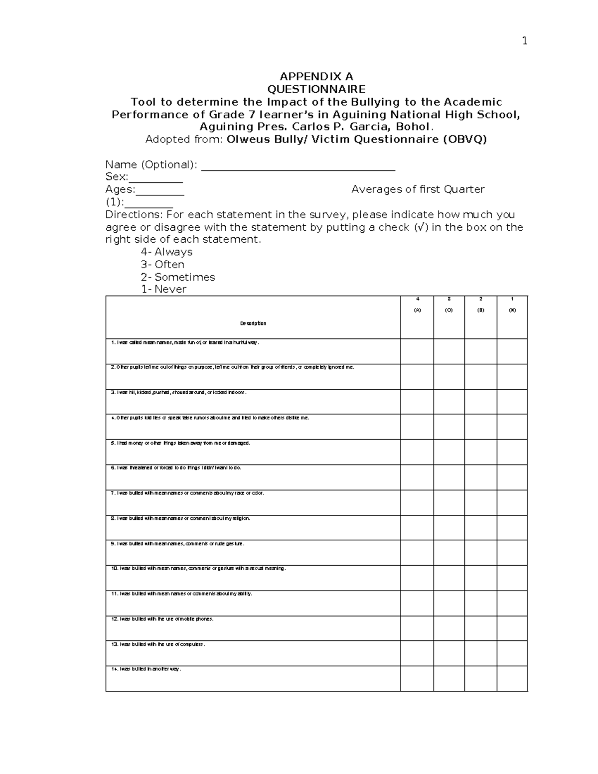 Appendices Format - APPENDIX A QUESTIONNAIRE Tool to determine the ...