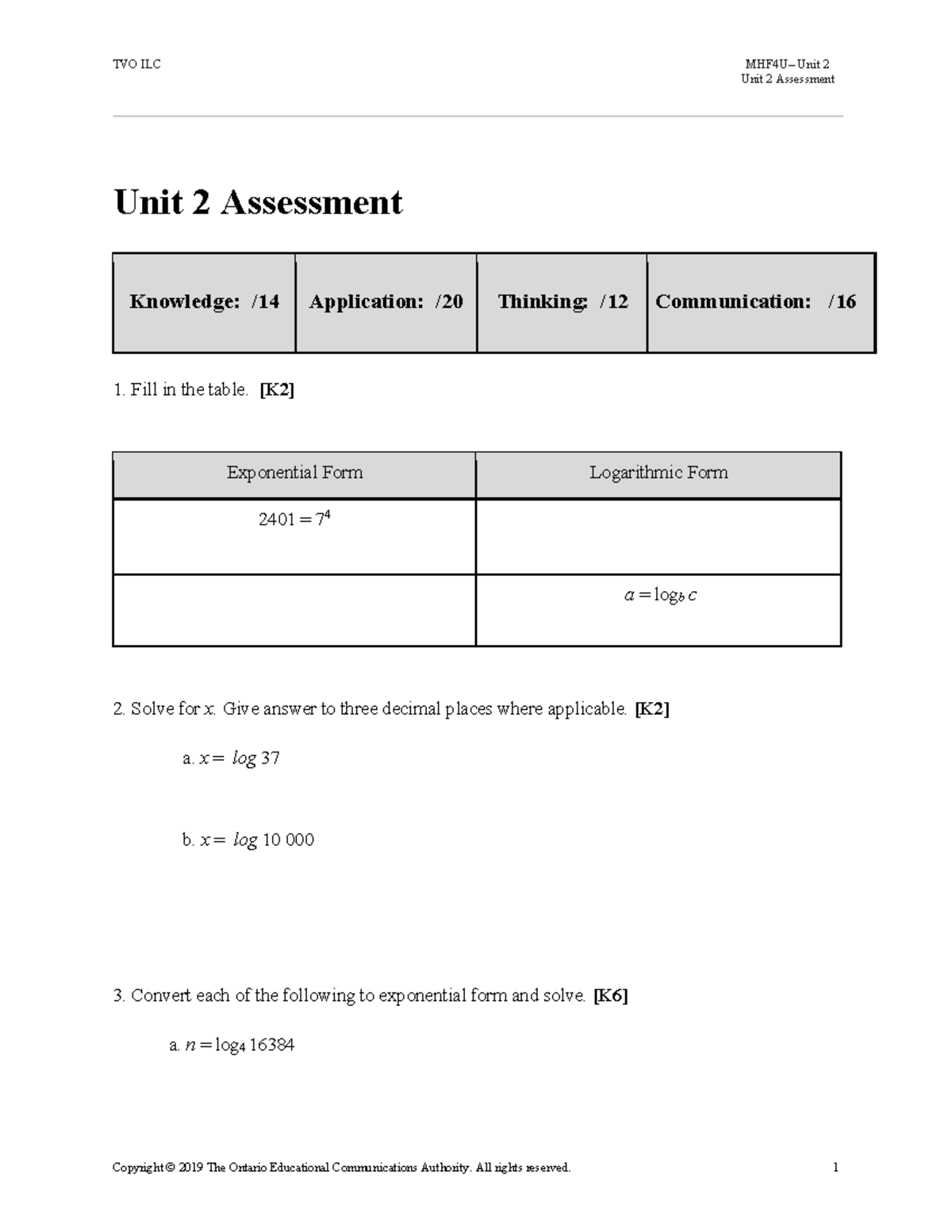 Unit 2 Assessment MFU4U grade 12 math - Studocu