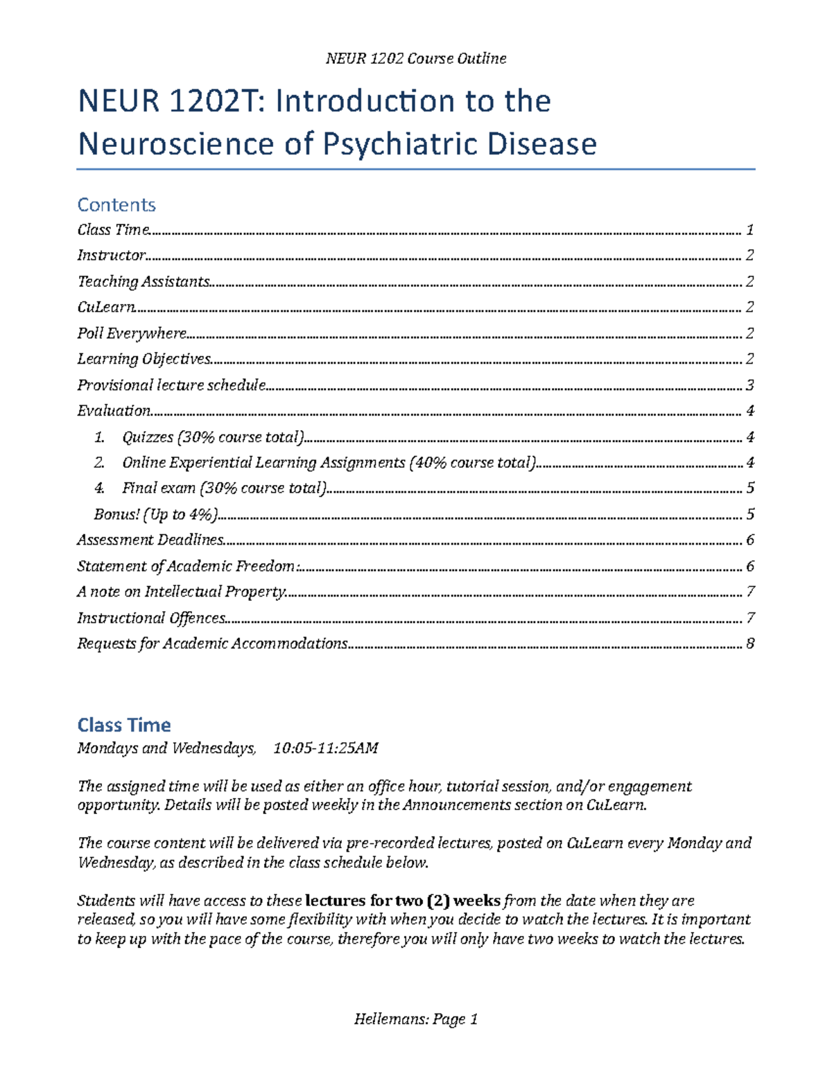 NEUR 1202 course outline Fall 2020 (22) - NEUR 1202T: Introducion to ...