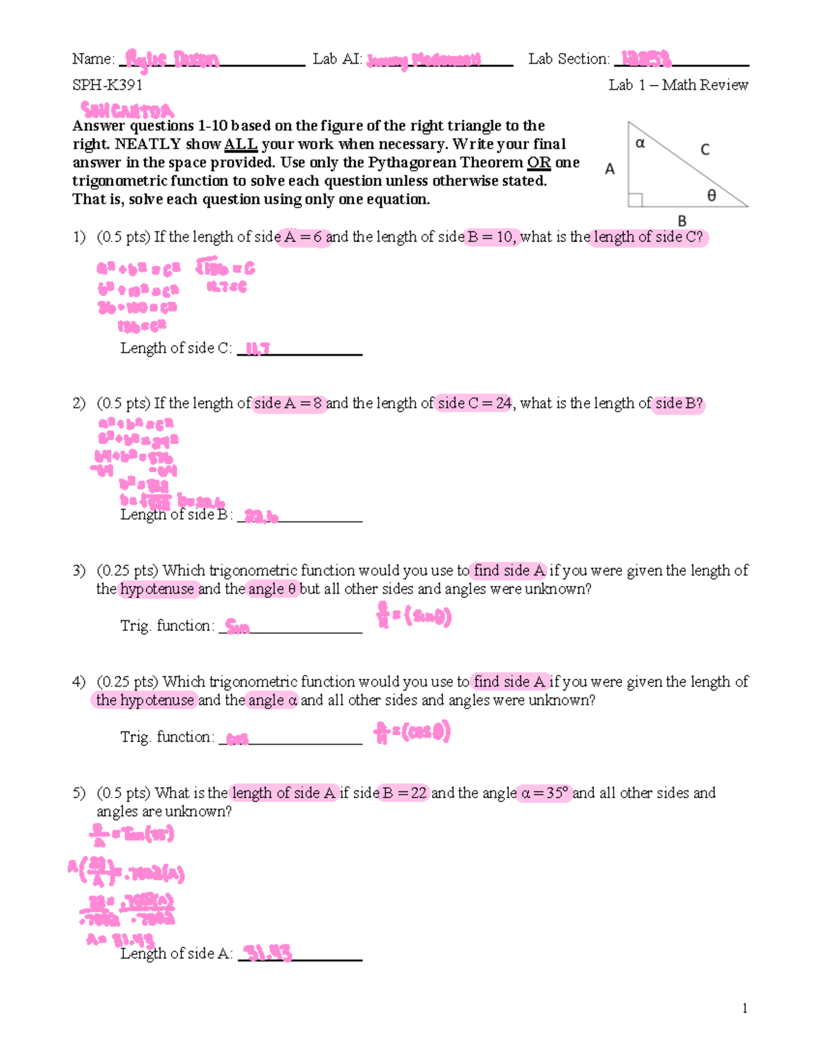Lab Assignment 1 Math Review - Name: Lab AI: Lab Section: SPH-K391 Lab ...