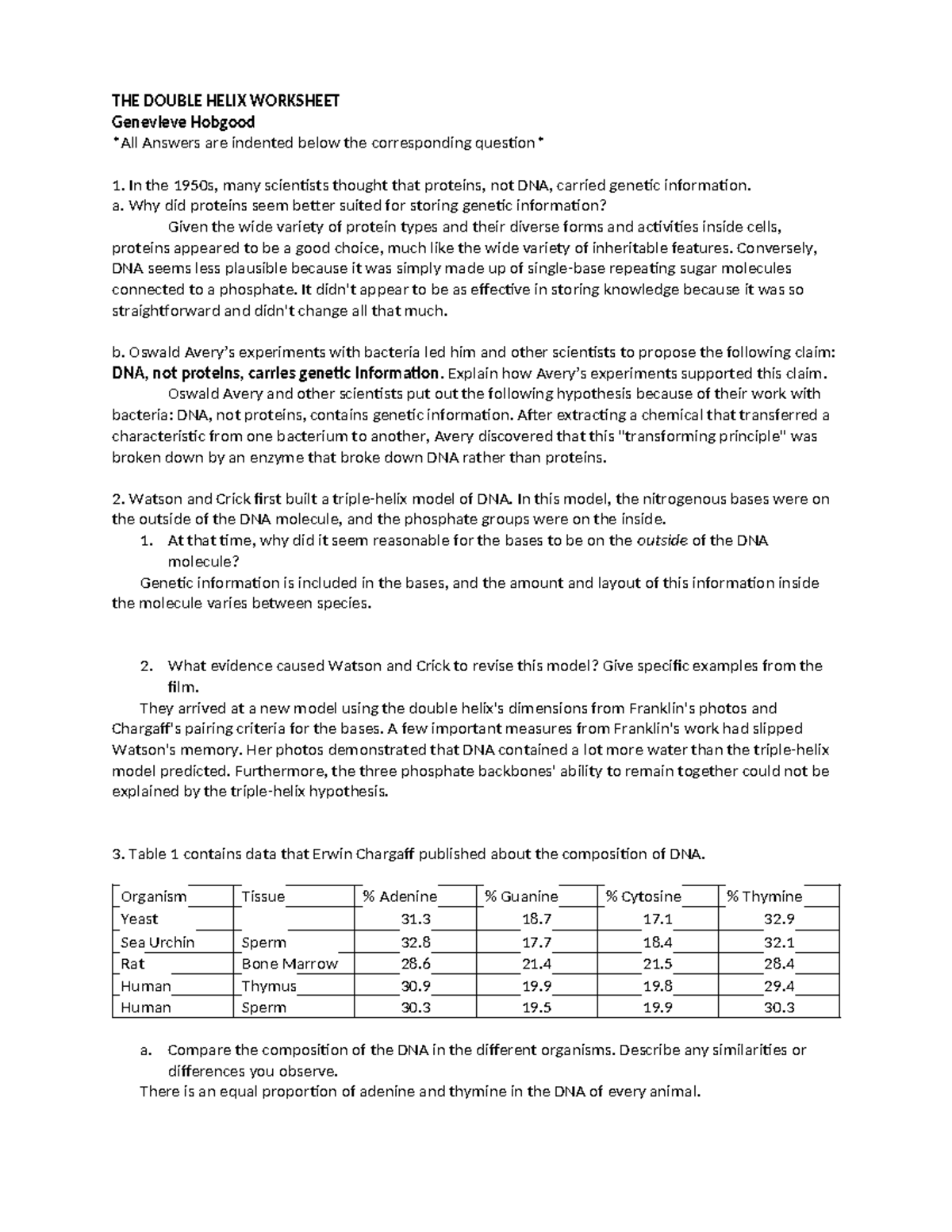 Double Helix GH - THE DOUBLE HELIX WORKSHEET Genevieve Hobgood All ...