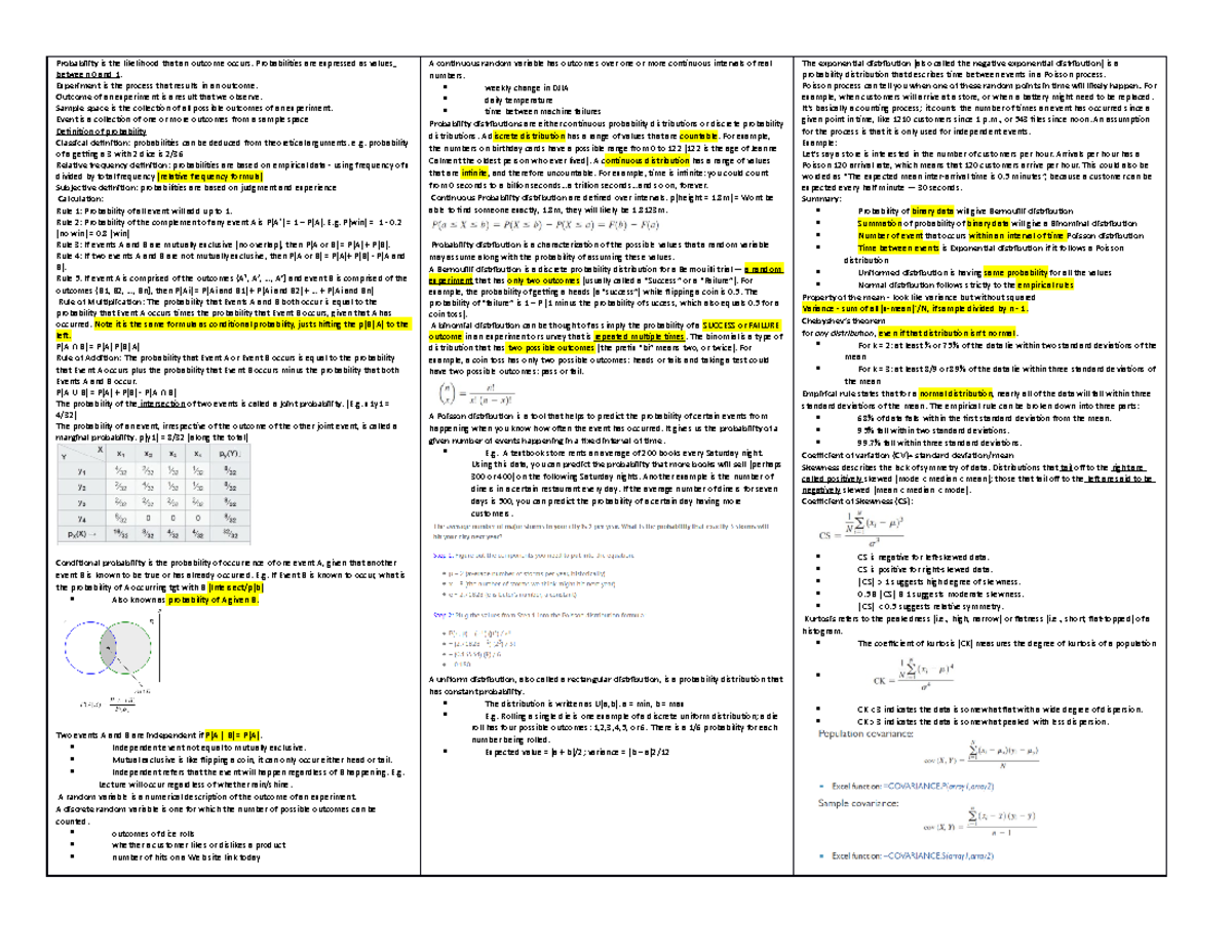 Cheat sheet - Probability is the likelihood that an outcome occurs. Probabilities are expressed ...