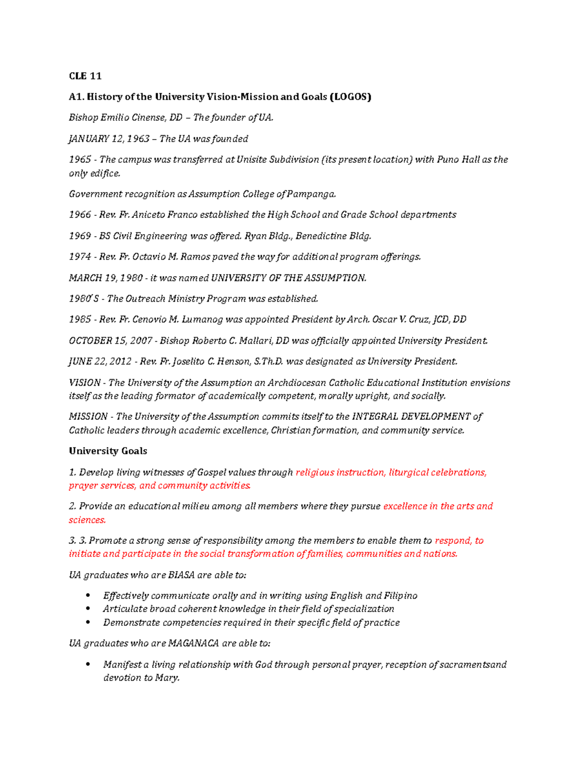 CLE 11 reviewer - fhsdjhfjsdbsjdhf - CLE 11 A1. History of the University Vision-Mission and ...
