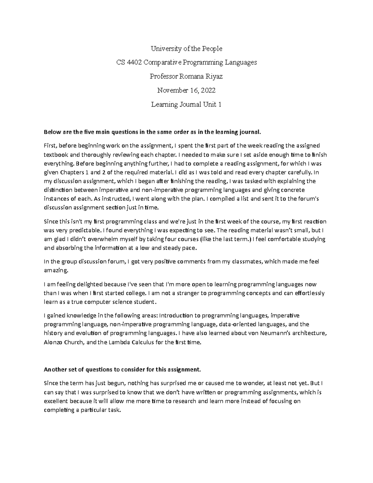 CS 4402 - Learning Journal Unit 1 - University of the People CS 4402 ... CS 4402 - Learning Journal Unit 1 - University of the People CS 4402 ...