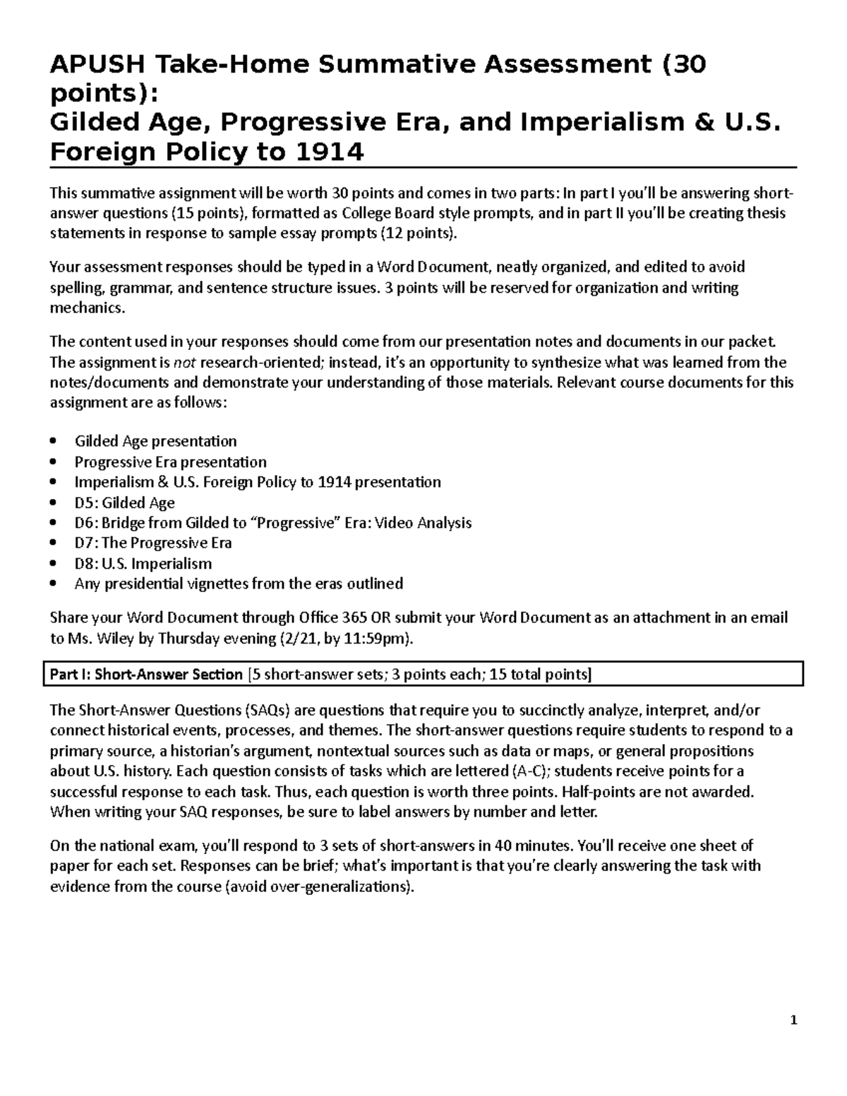 Take Home Assessment Gilded Progressive Imperialism - APUSH Take-Home ...