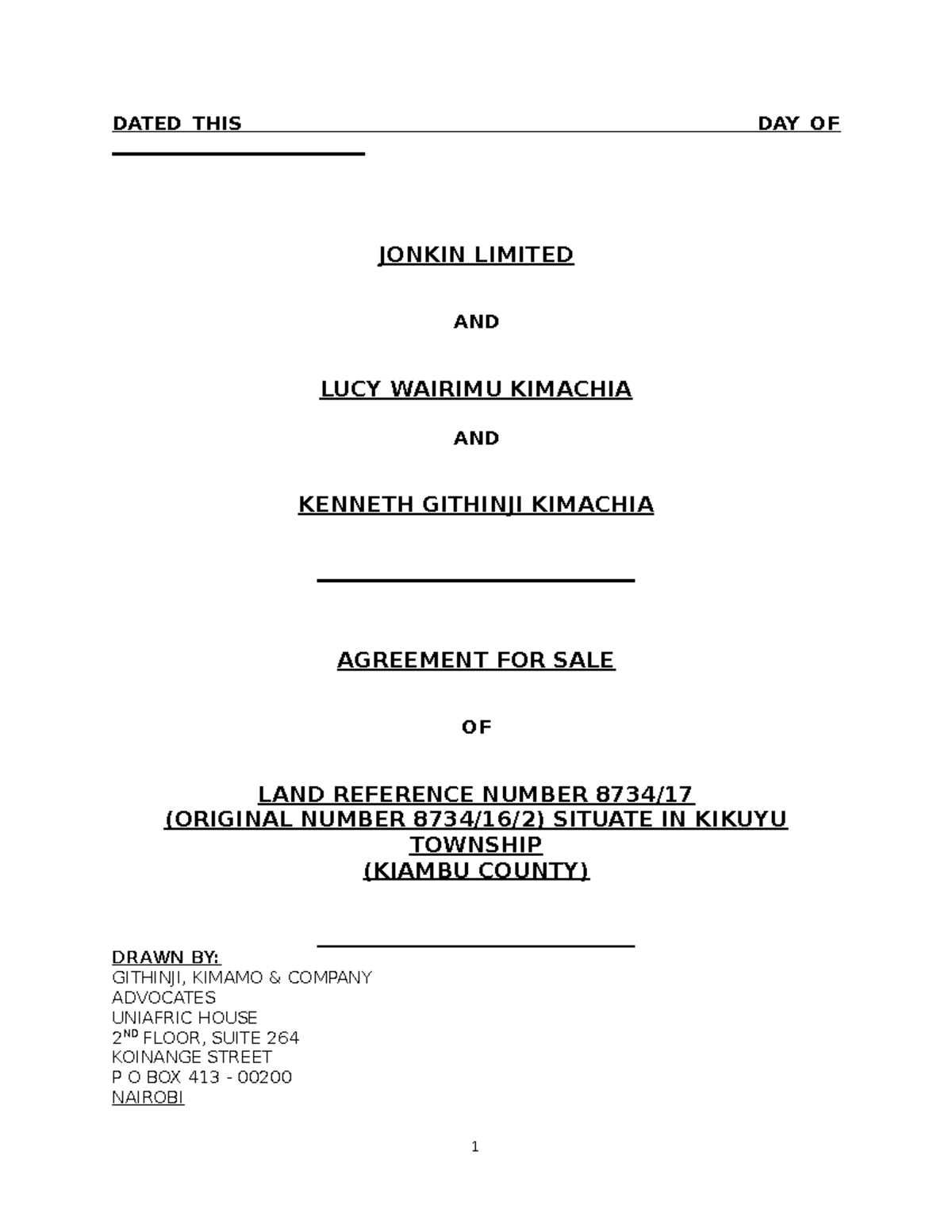 Sale Agreement- Kenneth and Lucy Kimachia - DATED THIS DAY OF JONKIN ...