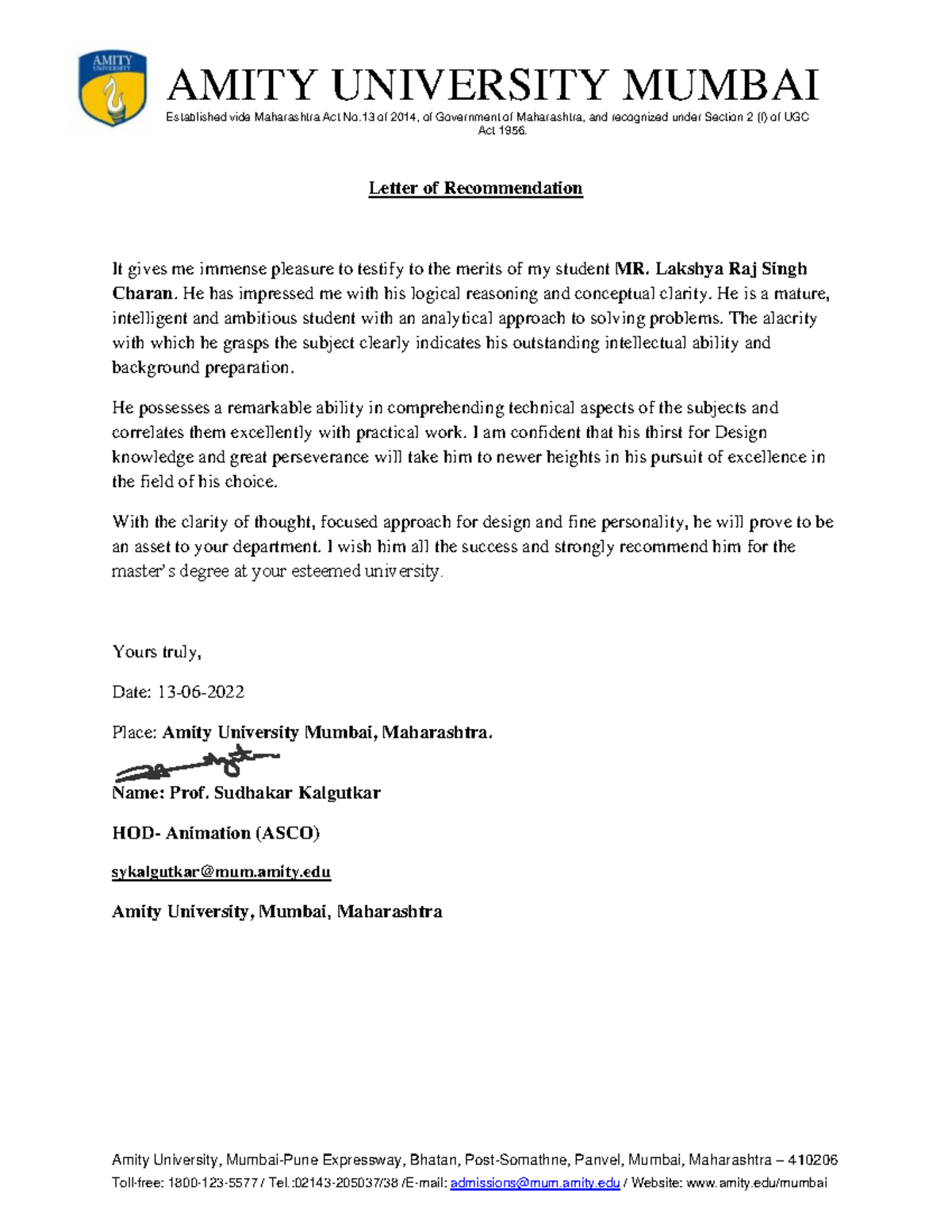 Academic LOR - AMITY UNIVERSITY MUMBAI Established vide Maharashtra Act ...