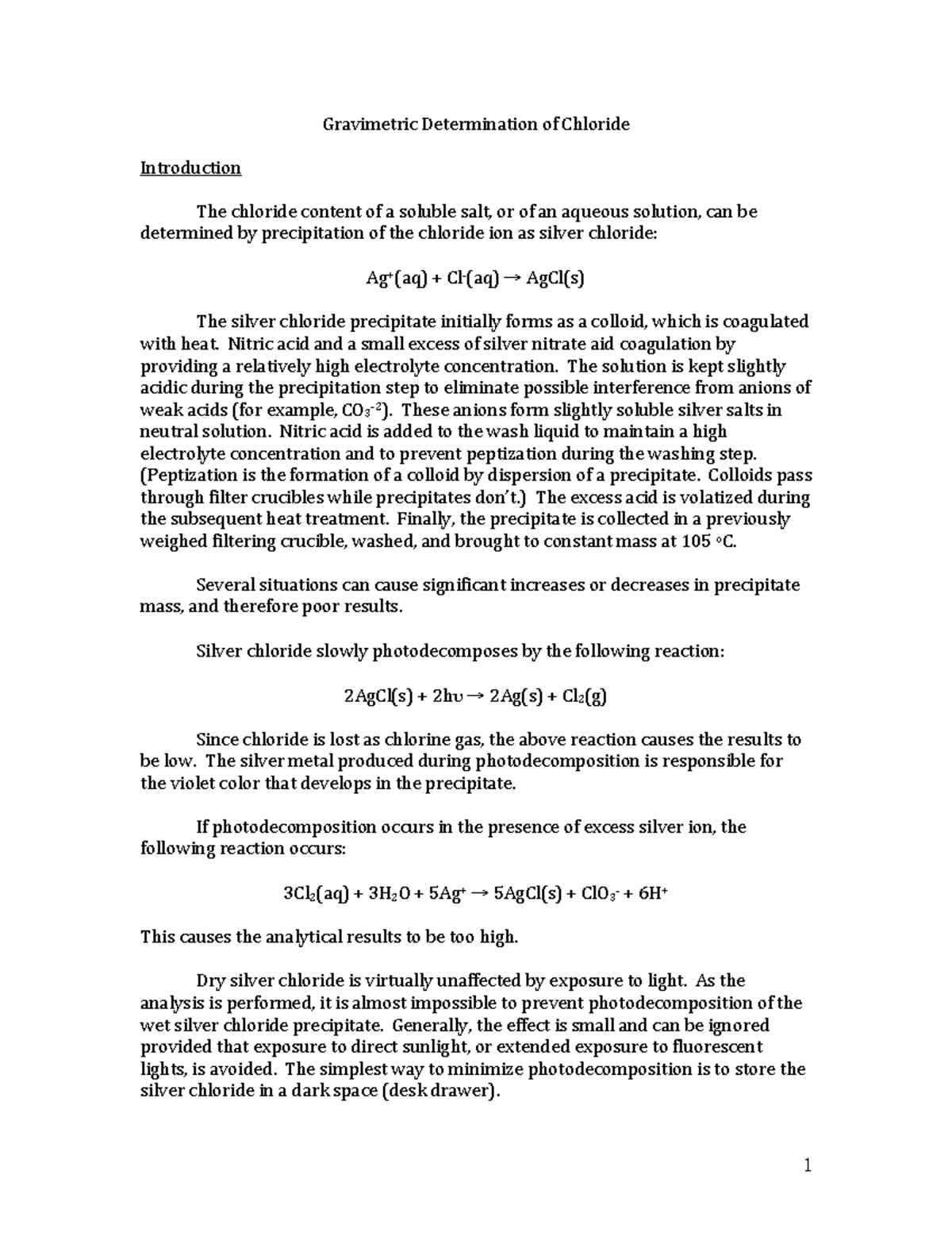 Exp 2 - Good lab report - Gravimetric Determination of Chloride ...