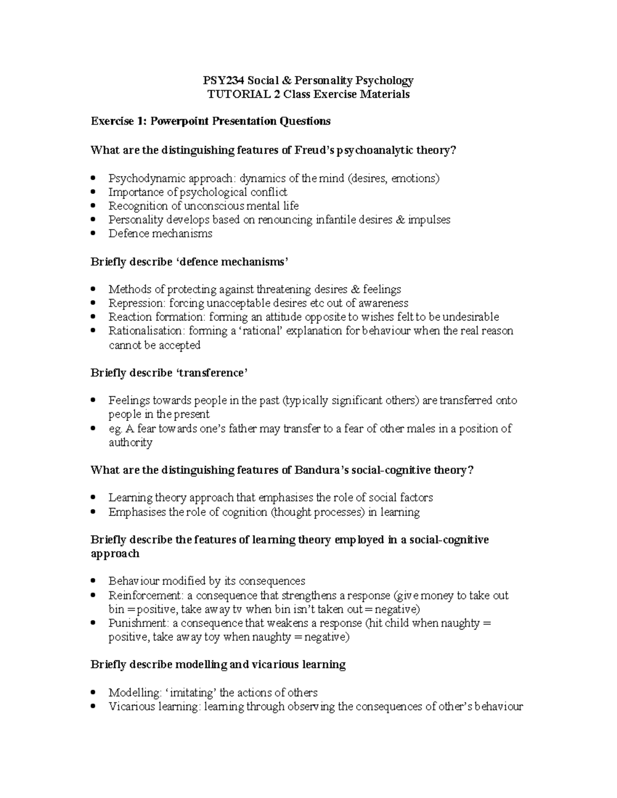 PSY234 Tut 2 - Tutorial 2 notes - PSY234 Social & Personality ...