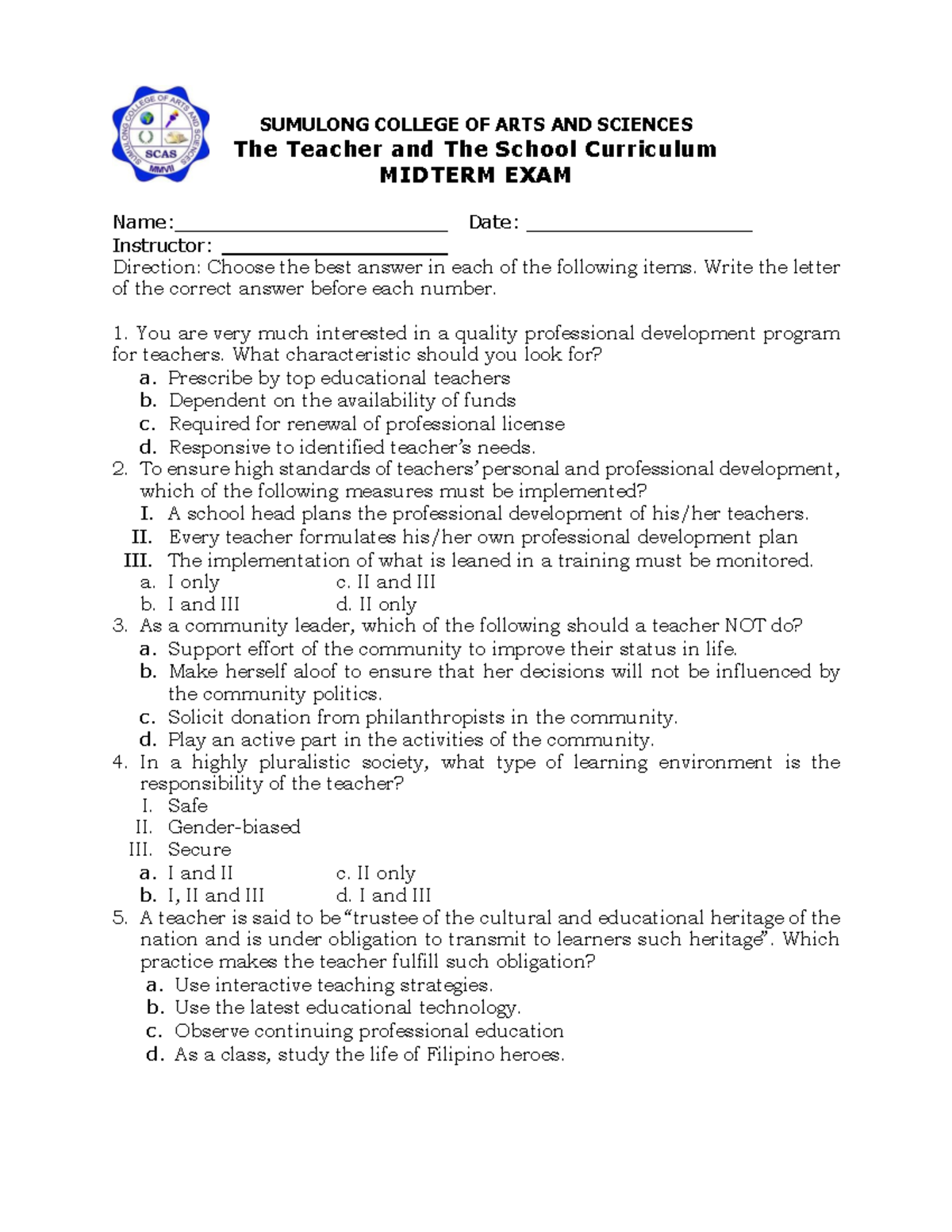 Educ 9 Midterm-Exam The Teacher and The School Curriculum - Bachelor of ...