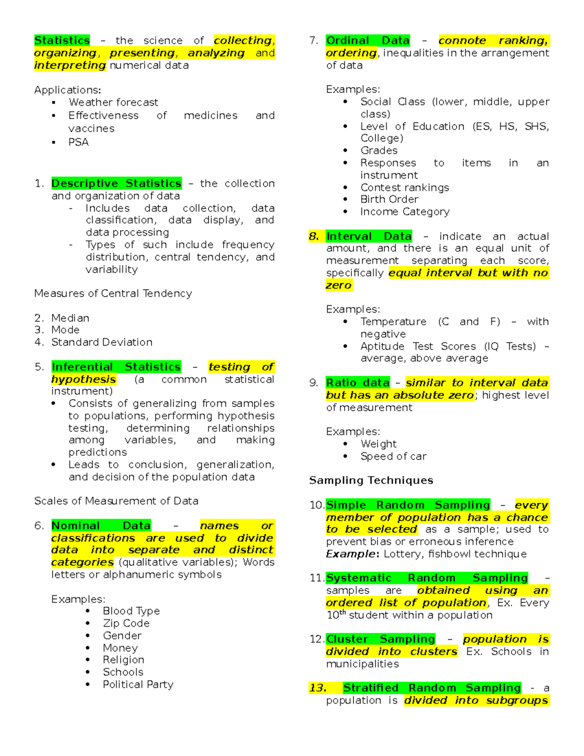 STAT Notes - Statistics – the science of collecting , organizing ...
