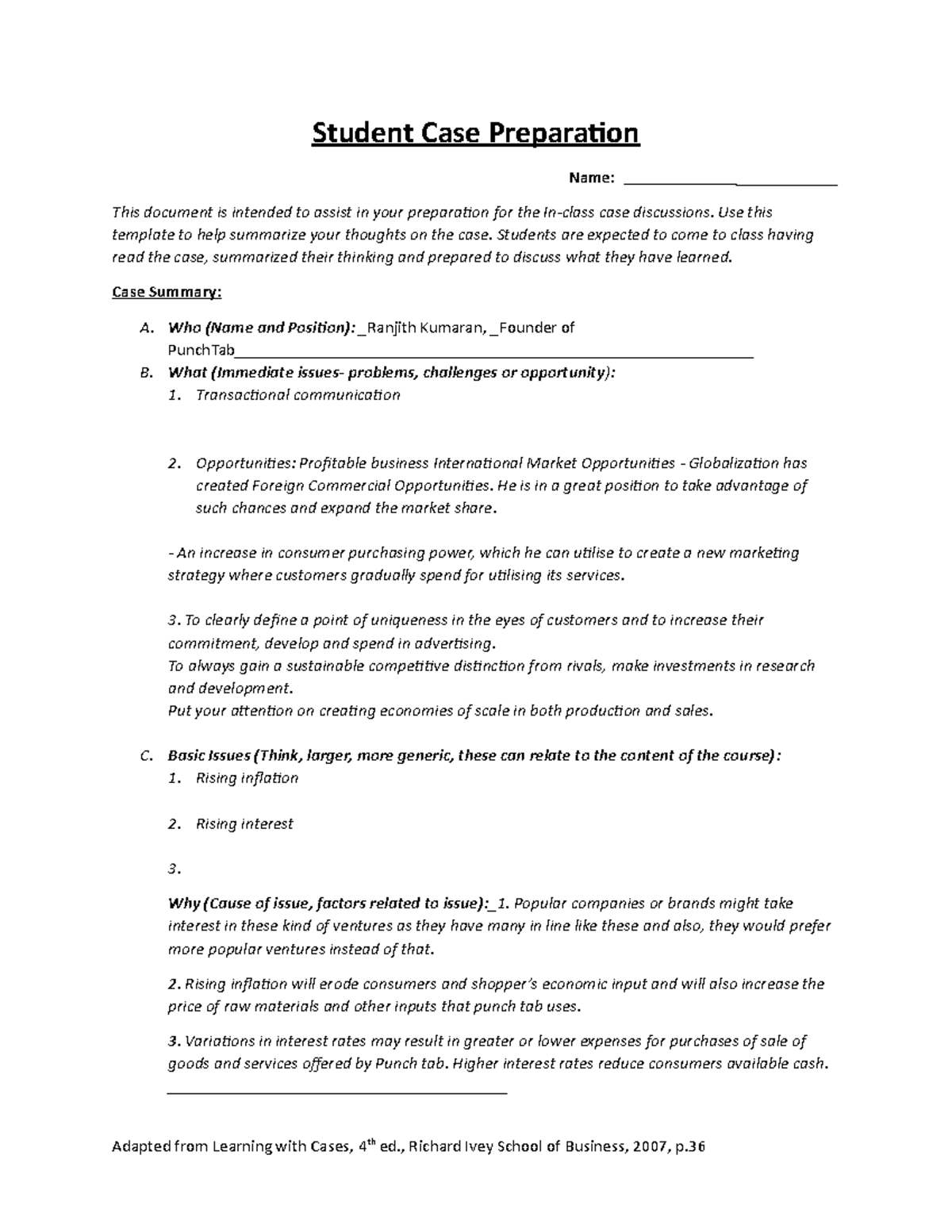 Student Case Preparation Form - Student Case Preparation Name ...