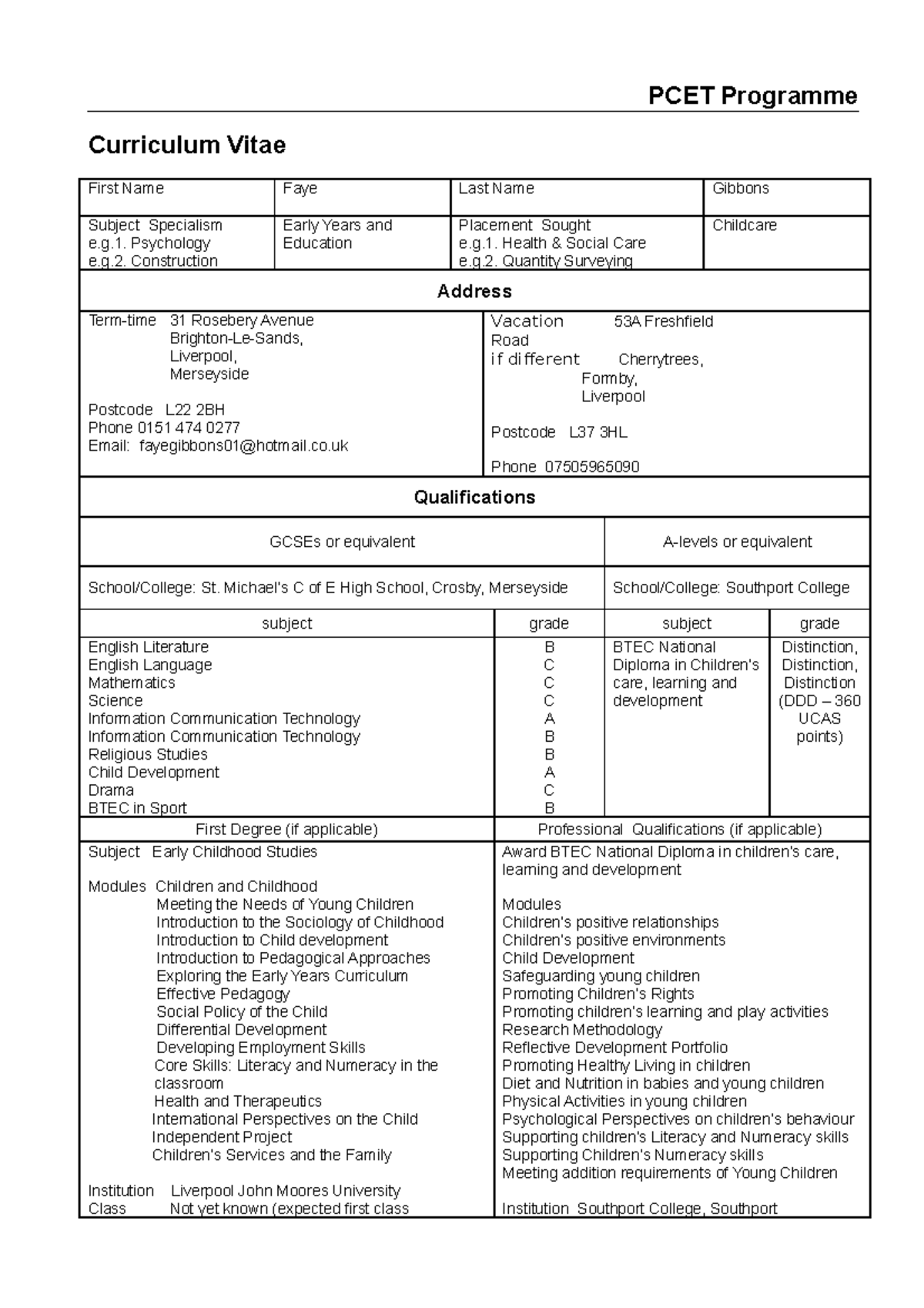 PCET cv Faye Gibbons - PGCE - development skills - PCET Programme Curriculum Vitae First Name ...