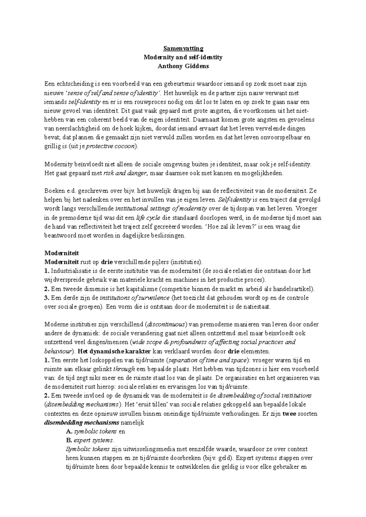 Samenvatting Giddens B-HUM1 - Samenvatting Modernity and self-identity ...
