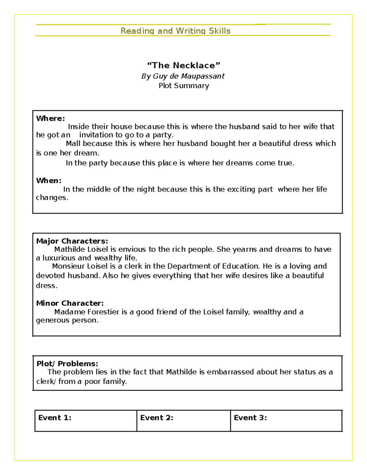 The Necklace - Reading and Writing Skills “The Necklace” By Guy de ...