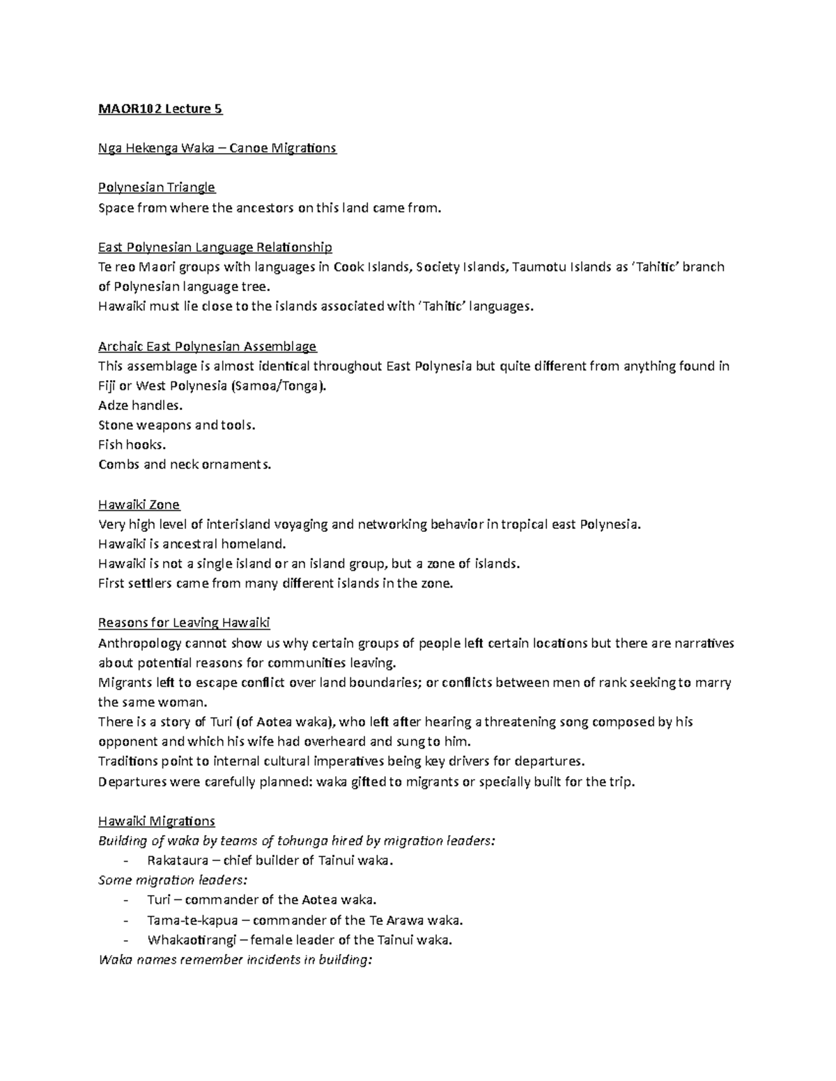 MAOR102 Lecture 5 - Ngā Hekenga Waka: Migration and Early Settlement ...