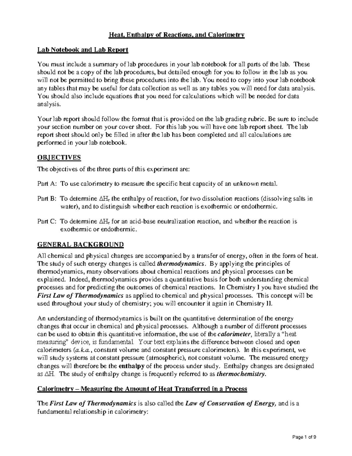 Heat, Enthalpy, and Calorimetry summer 2015 - Heat, Enthalpy of ...