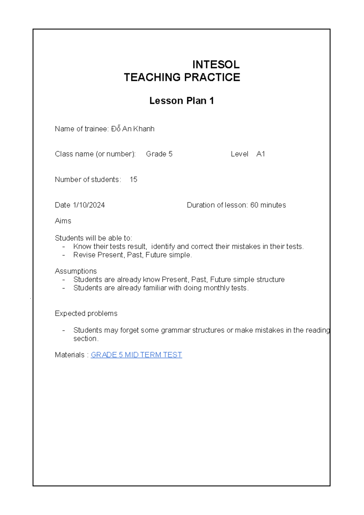 1 EDC Do An Khanh Lesson Plan 01 - INTESOL TEACHING PRACTICE Lesson ...